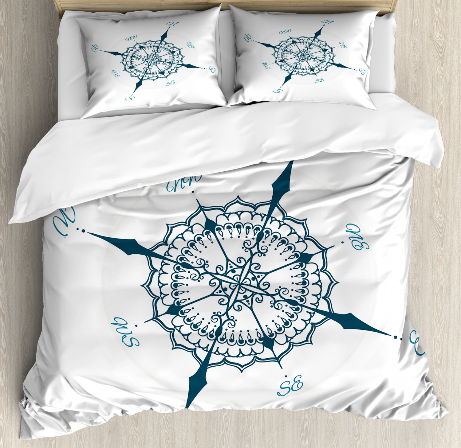 Compass Duvet Cover Set Queen Size, Hand Drawn Compass with Floral ...