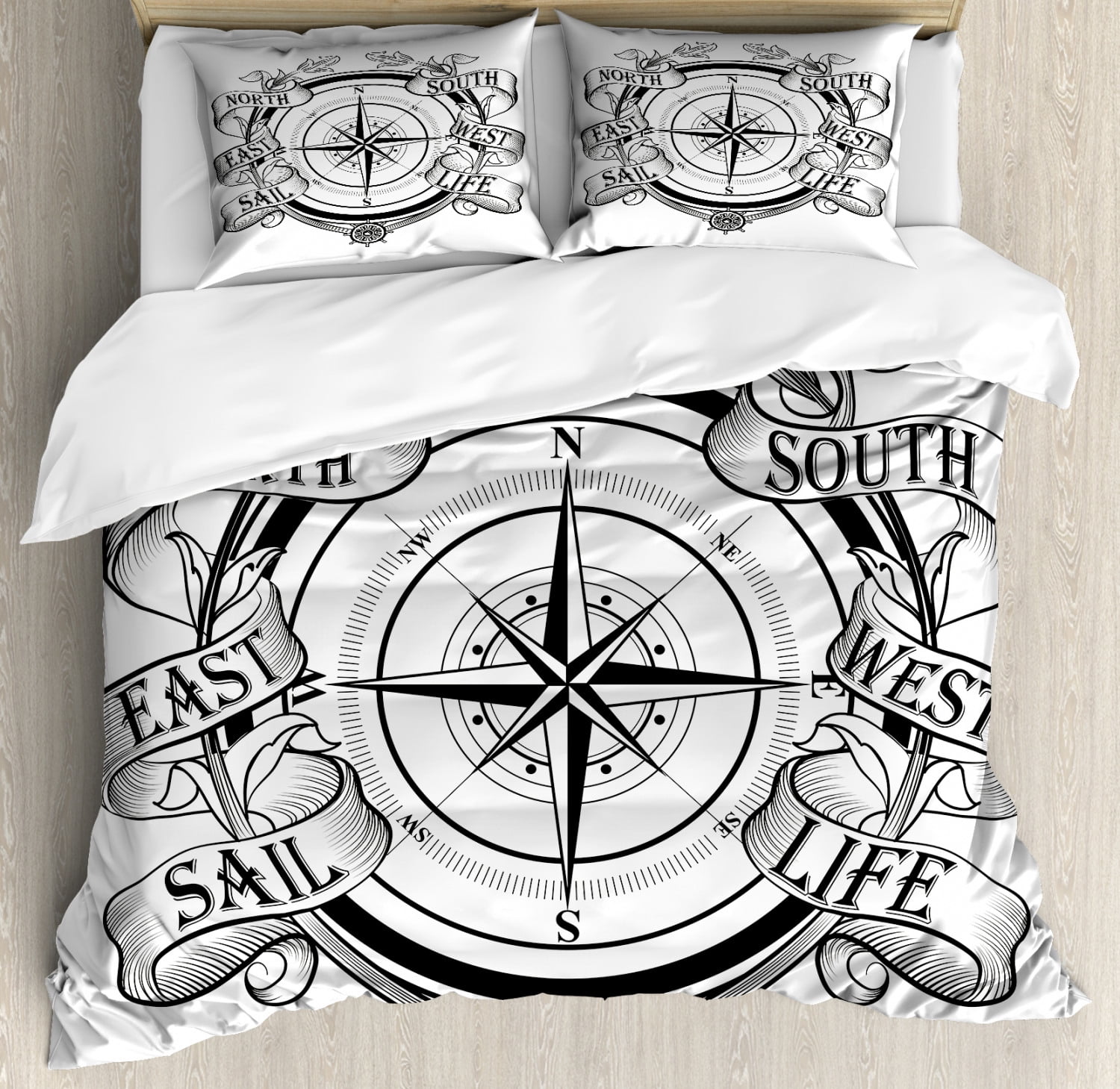 Compass Duvet Cover Set Queen Size, Navigation Device Direction Flares ...