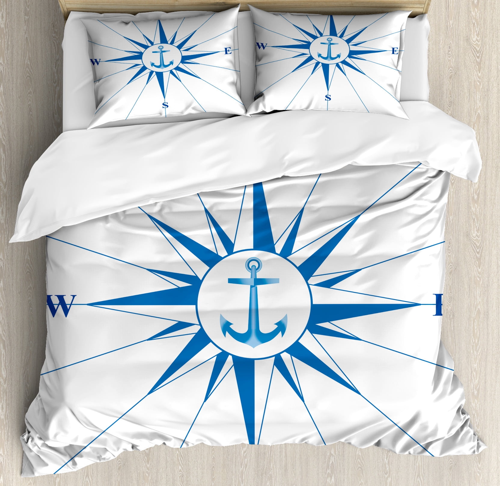 Compass Duvet Cover Set, Royal Blue Windrose with an Anchor in the ...