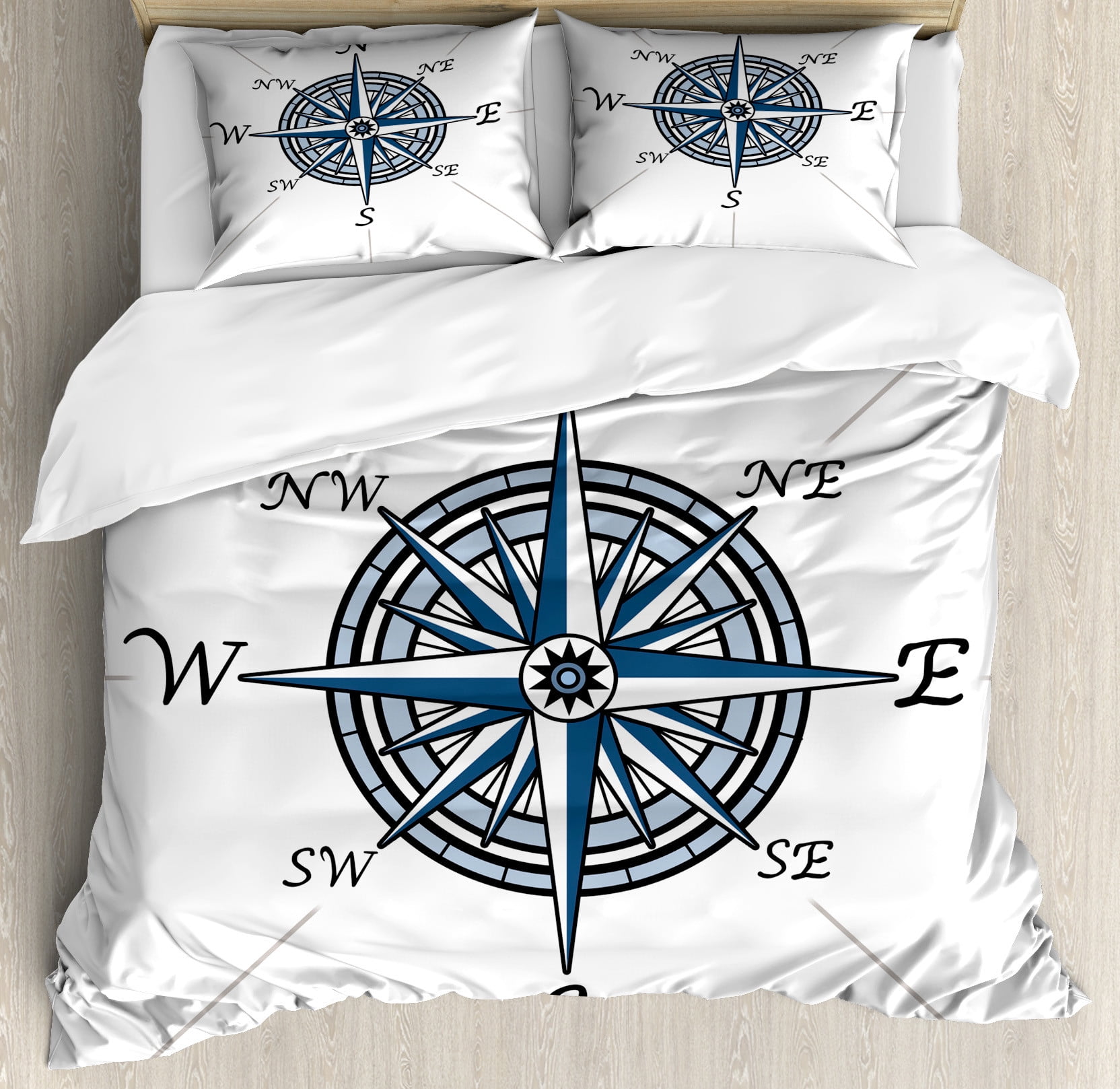 Compass Duvet Cover Set, Sea Color Themed Voyage Windrose Discovery ...