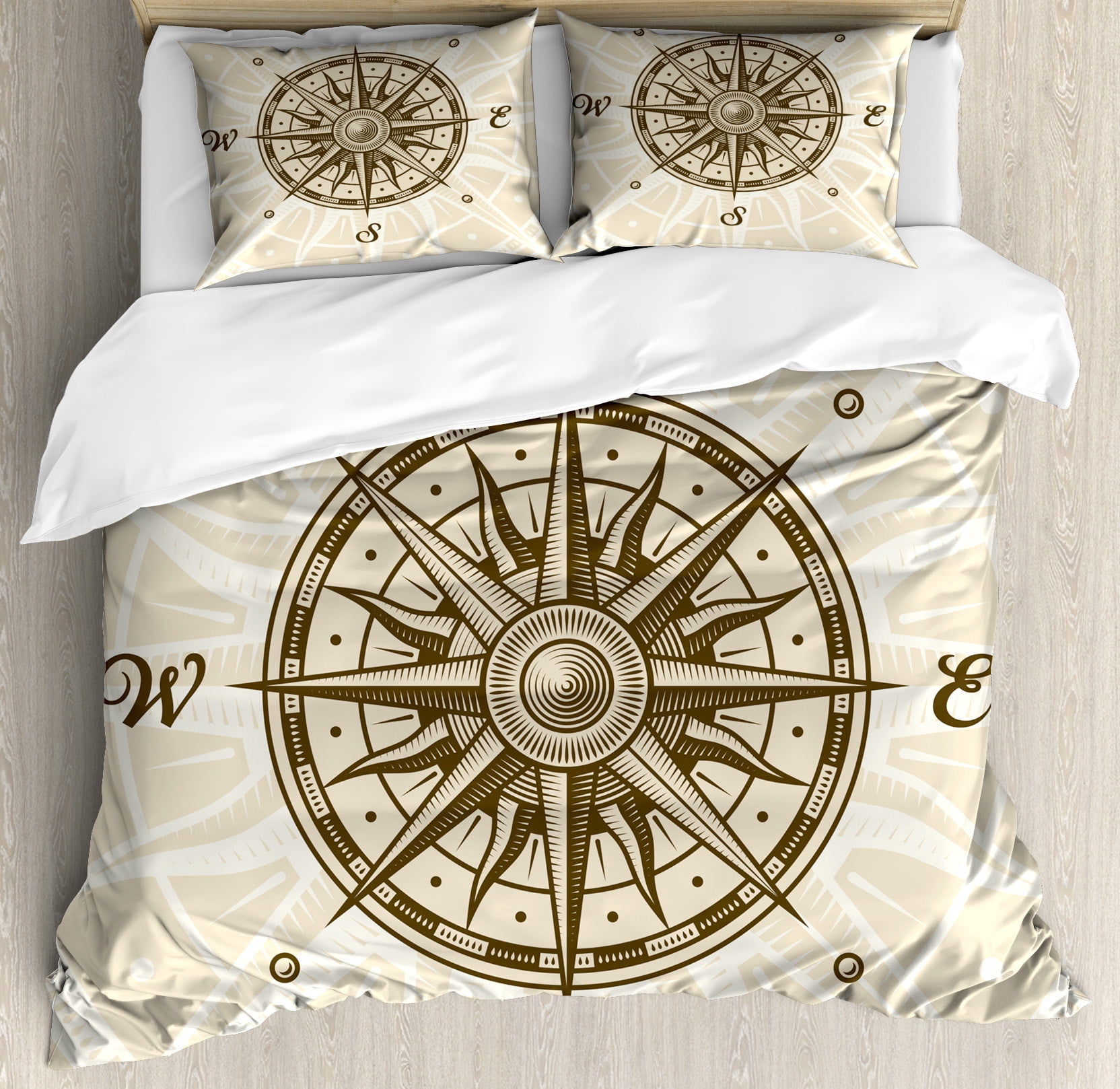 Compass Duvet Cover Set, Sun Motif Backdrop with Windrose Directions ...
