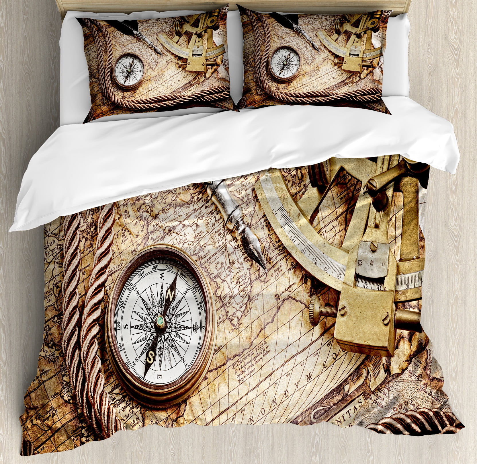 Compass Duvet Cover Set, Vintage Navigation Voyage Theme Lifestyle ...