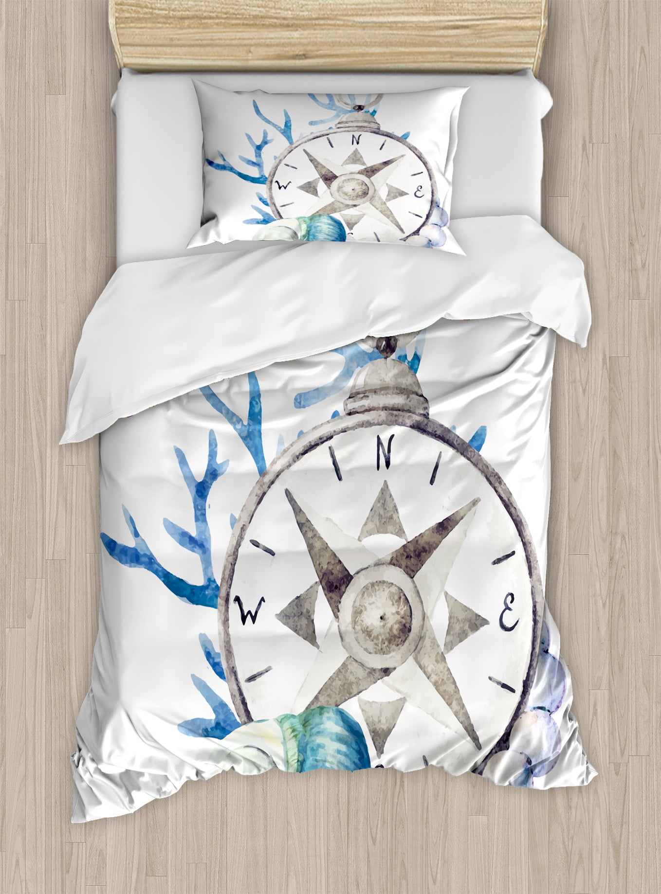 Compass Duvet Cover Set, Watercolor Marine Life Theme Seashell Compass ...