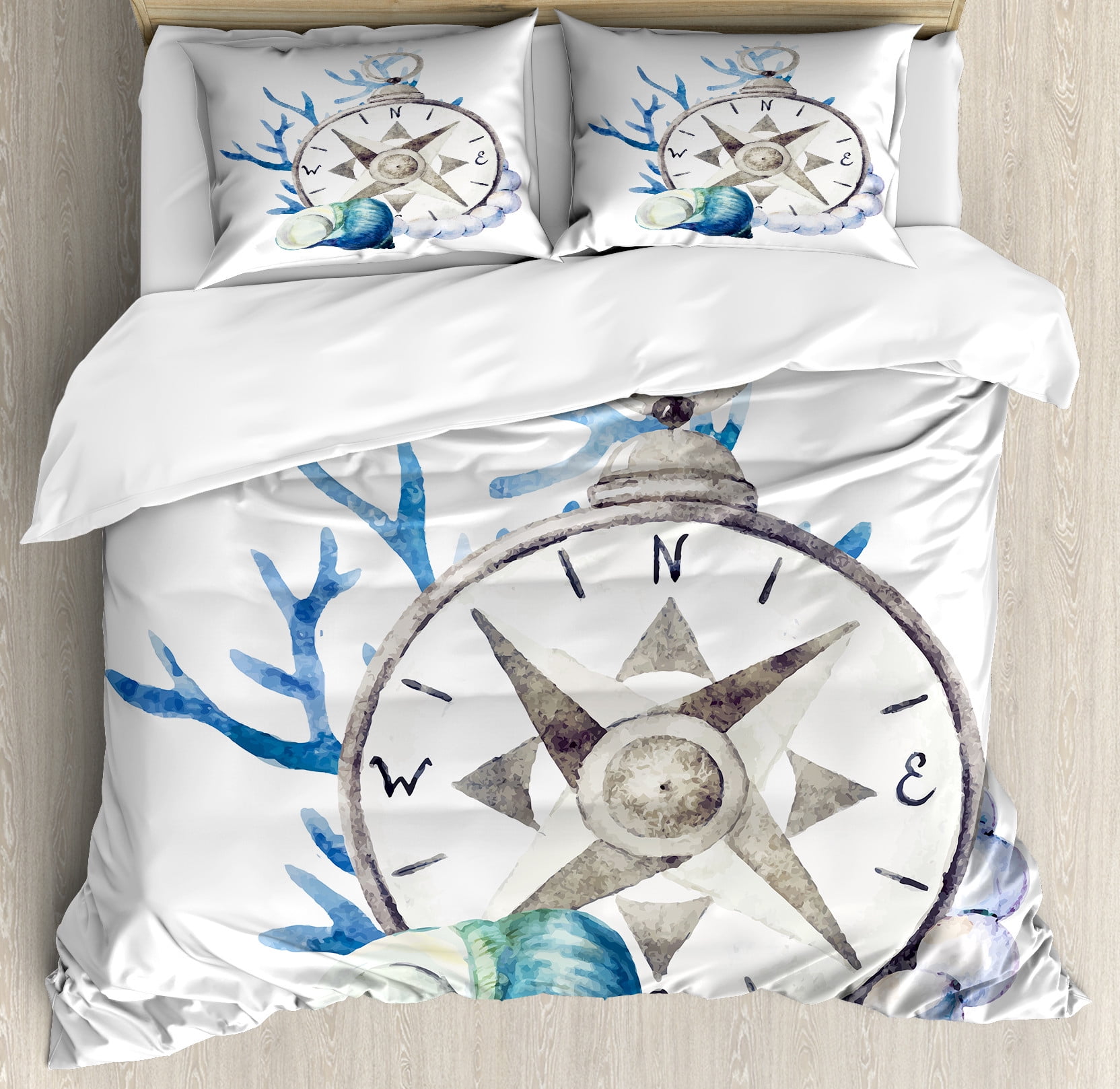 Compass Duvet Cover Set, Watercolor Marine Life Theme Seashell Compass ...