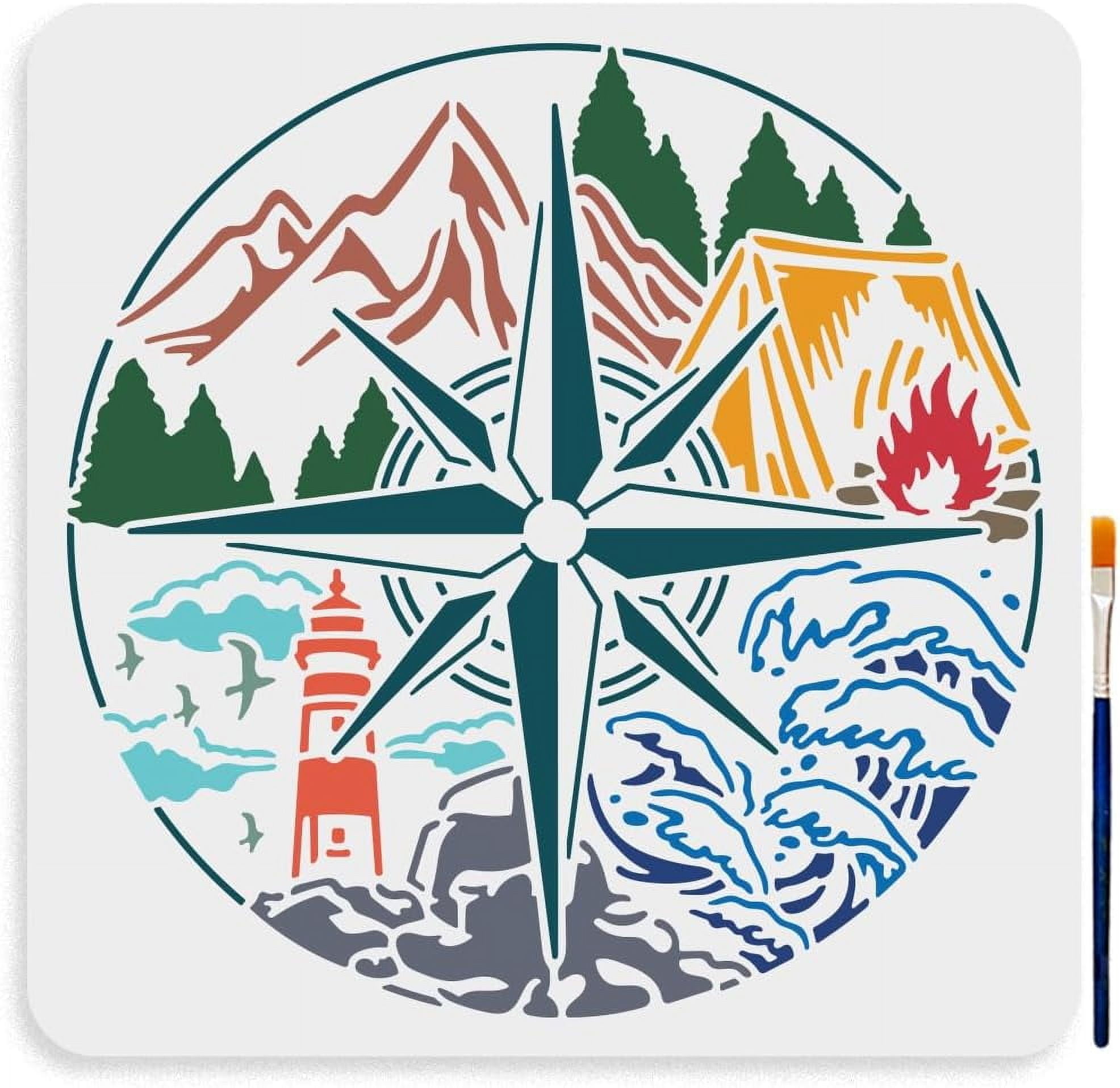 Compass Mountain Wave Stencil 11.8×11.8inch Large Compass Sea Wave Tent ...