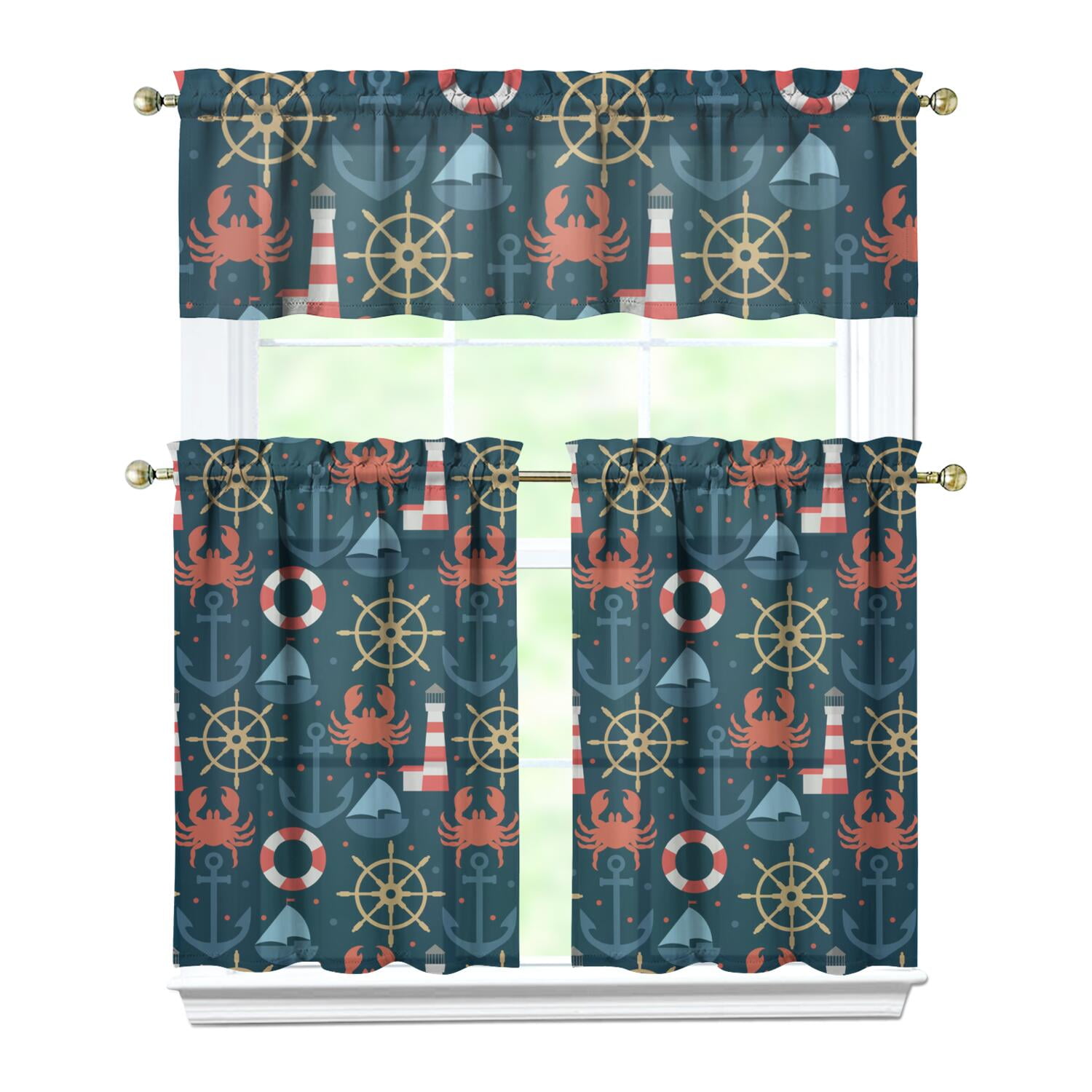 Compass Nautical Curtains Set Anchor Beach Lighthouse Coastal Marine ...