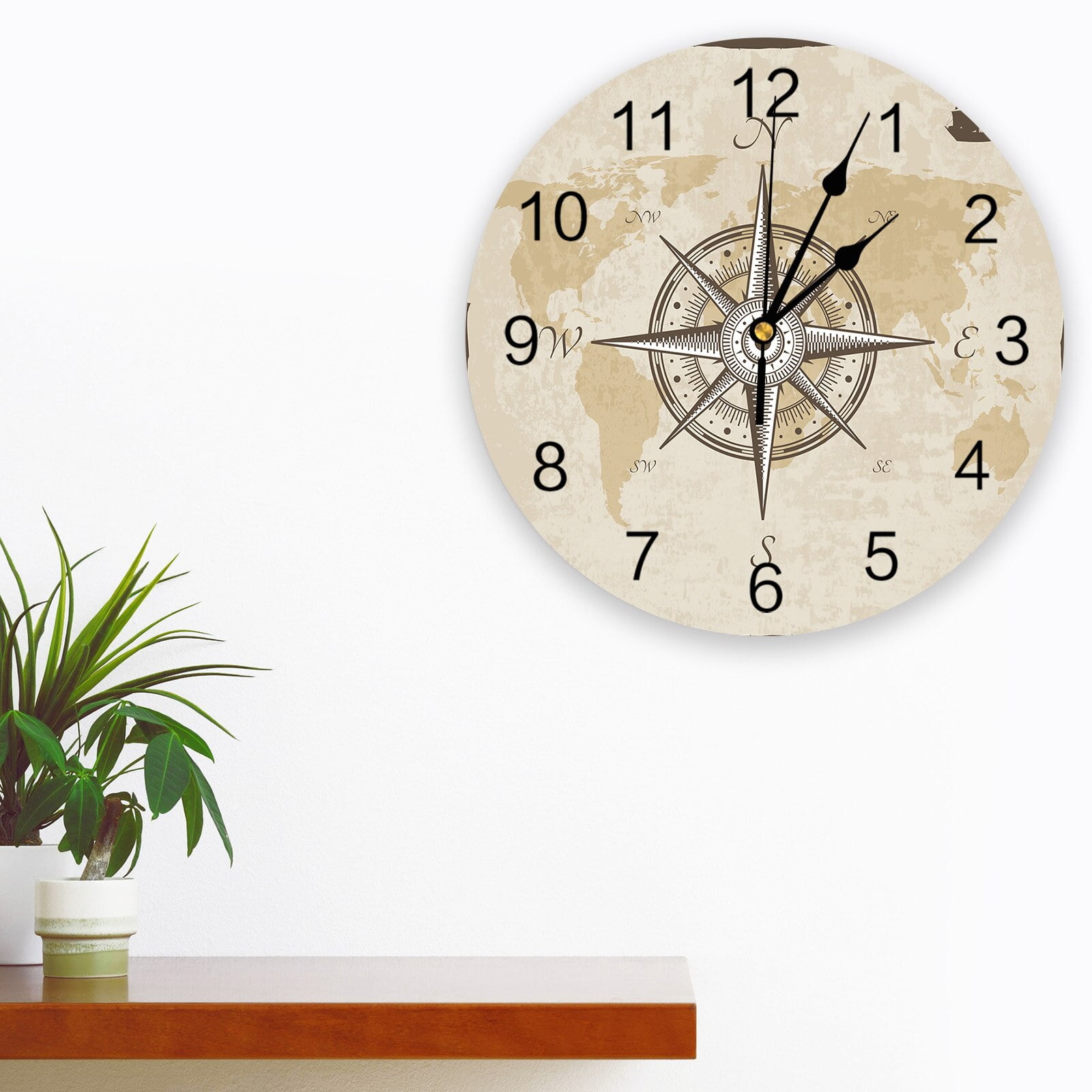 Compass Nautical Map Wall Clock Silent Digital Clocks for Home Bedroom ...