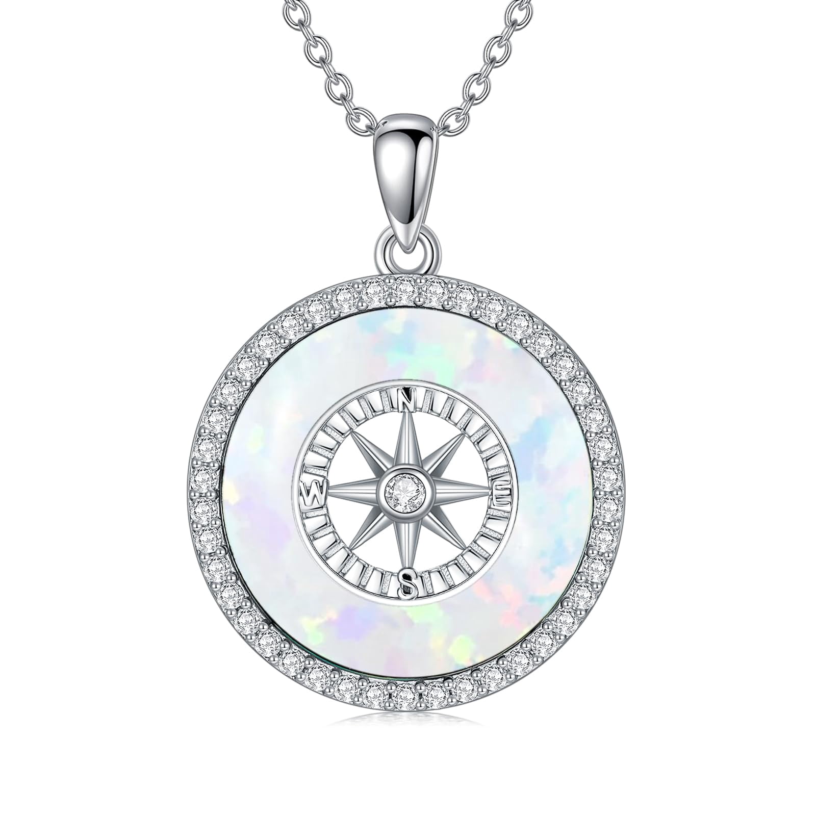 Compass Necklace 925 Sterling Silver White Opal Pendant Necklace ...