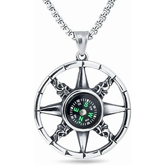 Compass Necklace with 23.6'' Stainless Steel Chain Navigation Compass ...