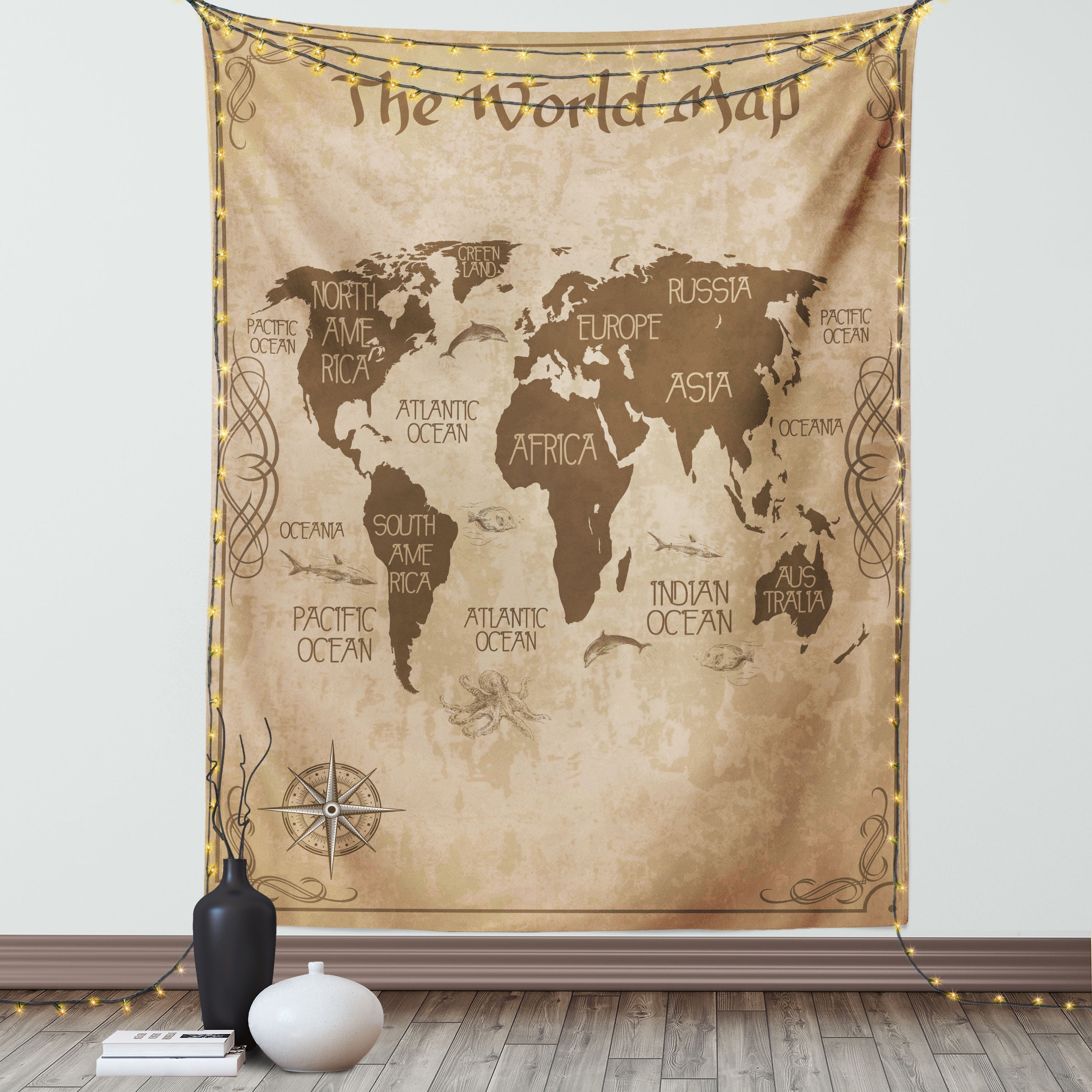 Compass Old World Map Tapestry Wall Hanging for Living Room Bedroom ...