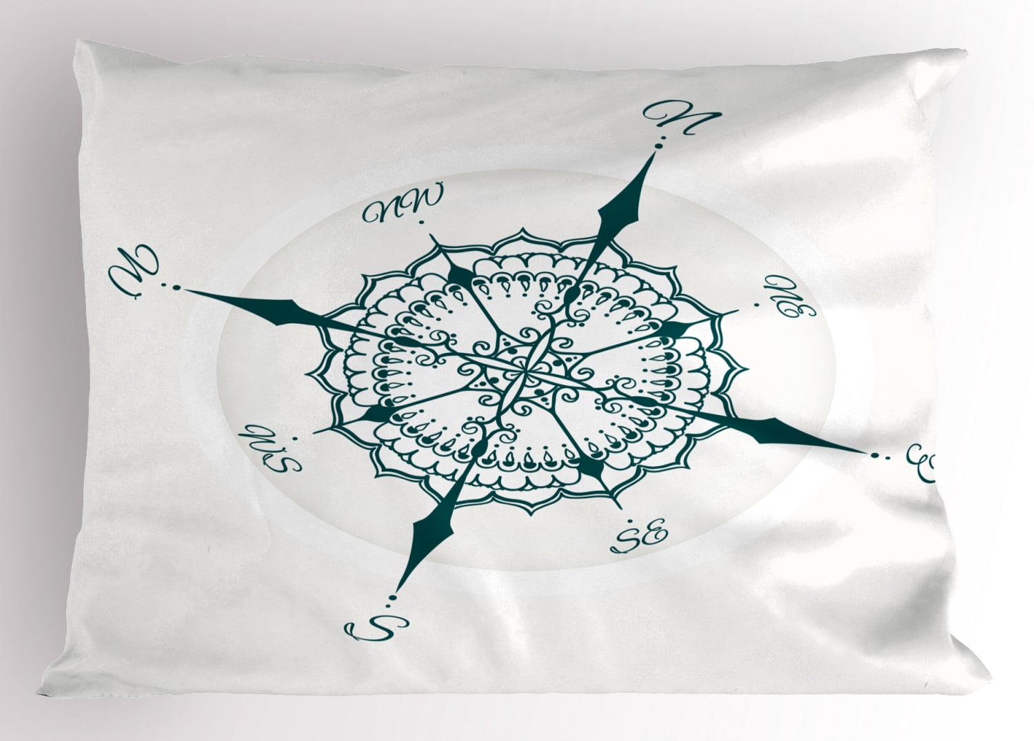 Compass Pillow Sham Hand Drawn Compass with Floral Arrangement Design ...