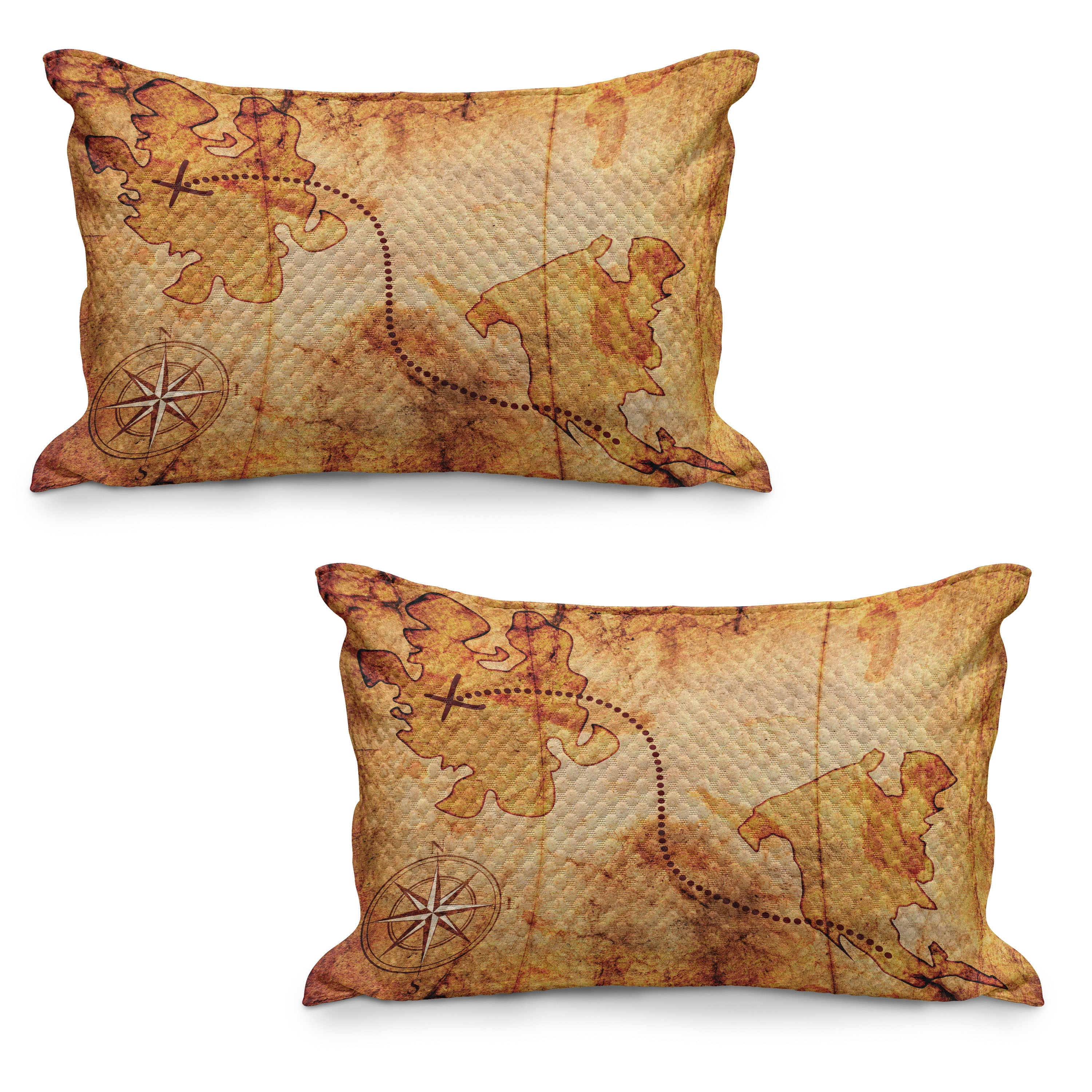 Compass Quilted Pillowcover Set of 2, Bohemian Style Treasure Hunt Map ...