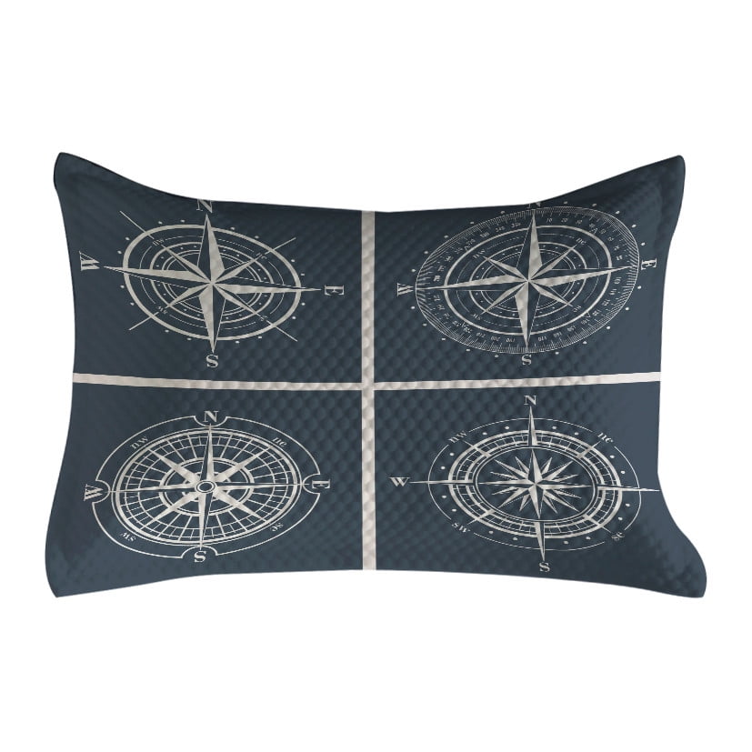 Compass Quilted Pillowcover, White Compasses Navy Blue Background ...