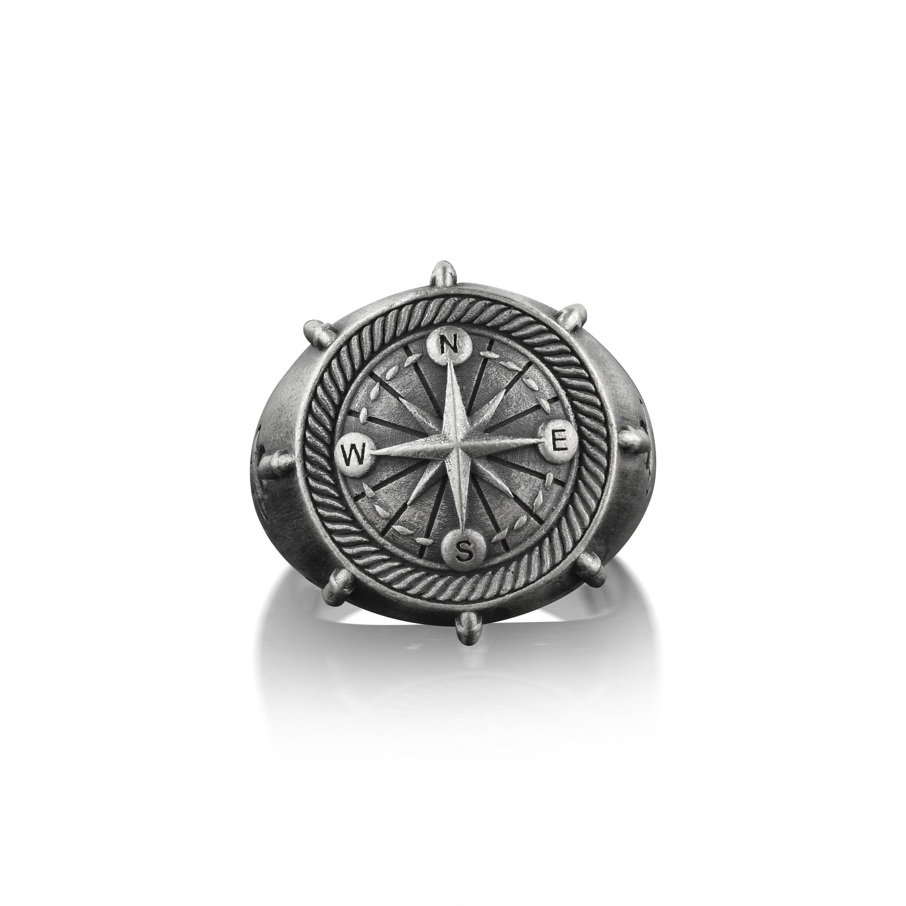 Compass Ring with Intaglio Anchor, Sterling Silver Oxidized Signet Ring ...