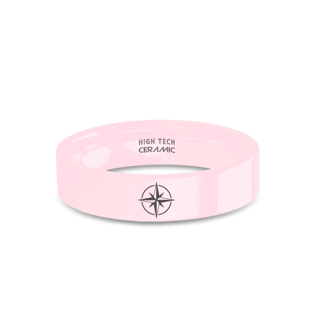 Compass Rose Cartography Engraved Pink Polished Ceramic Ring, 6mm, Size ...