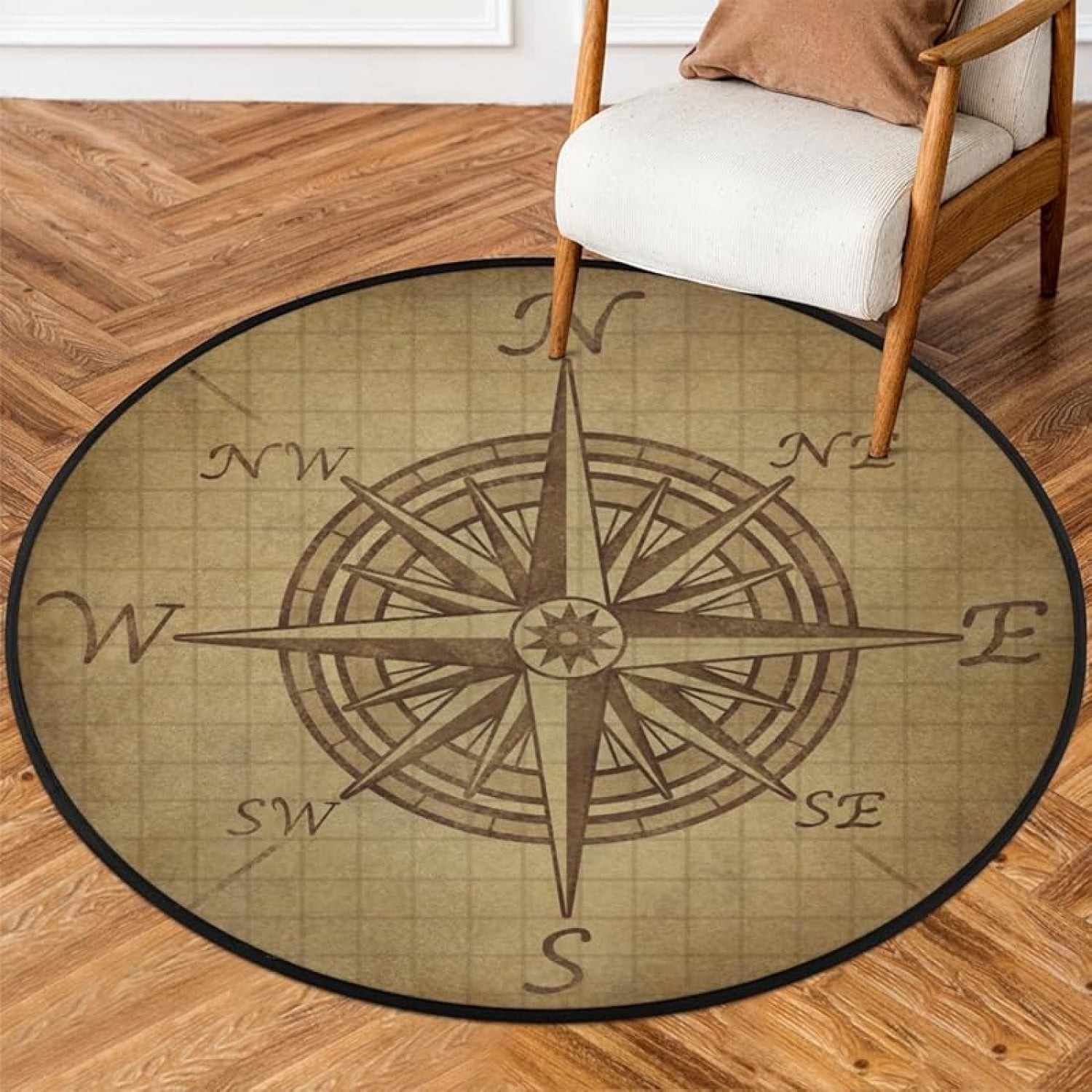 Compass Rose Retro Round Area Rug, Vintage Pattern Non-Slip Circle Rug ...