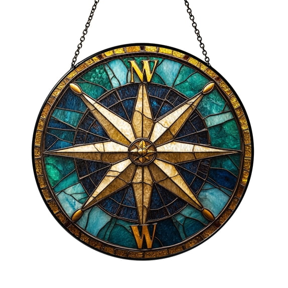 Compass Rose Stained Glass Round Suncatcher Window Panel, Nautical ...