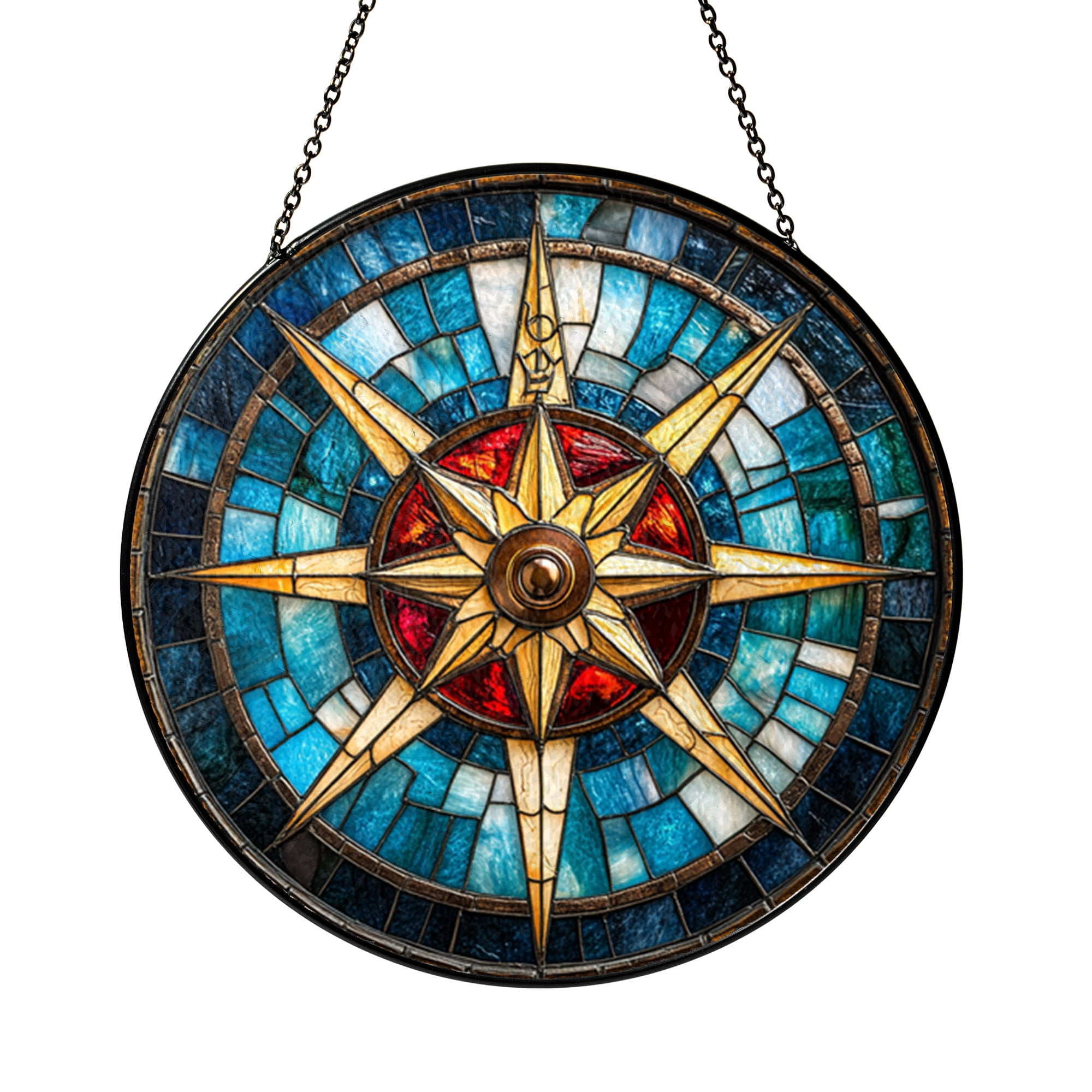 Compass Rose Stained Glass Suncatcher, Round Nautical Window Panel ...