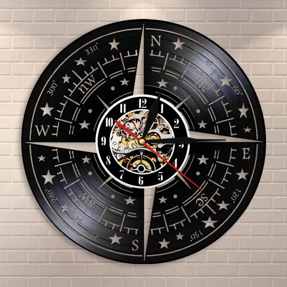 Compass Rose Vinyl Wall Clock,Vinyl Record Clock Wall Art Black ...