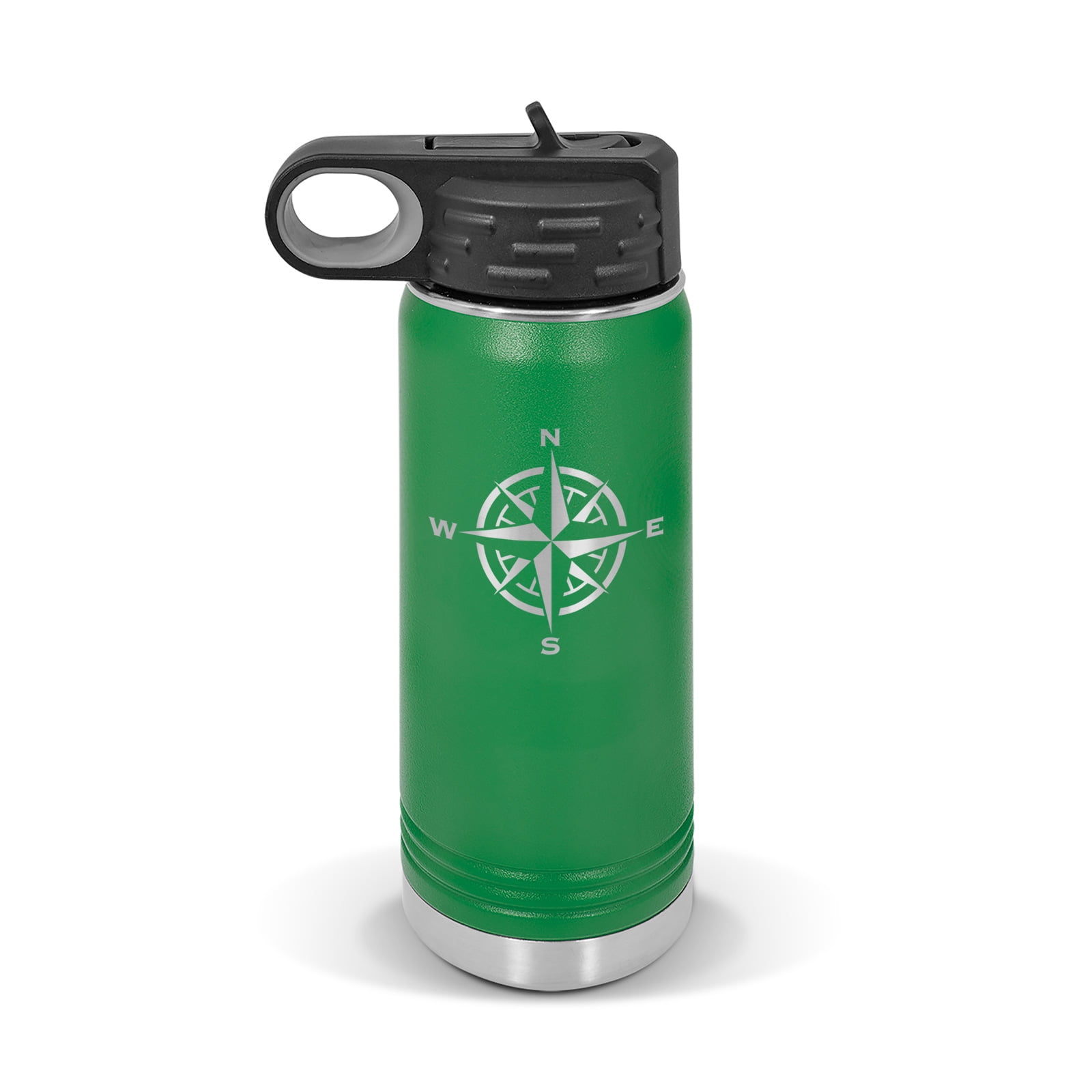 Compass Rose Water Bottle 20 oz - Laser Engraved w/ Flip Top Removable ...