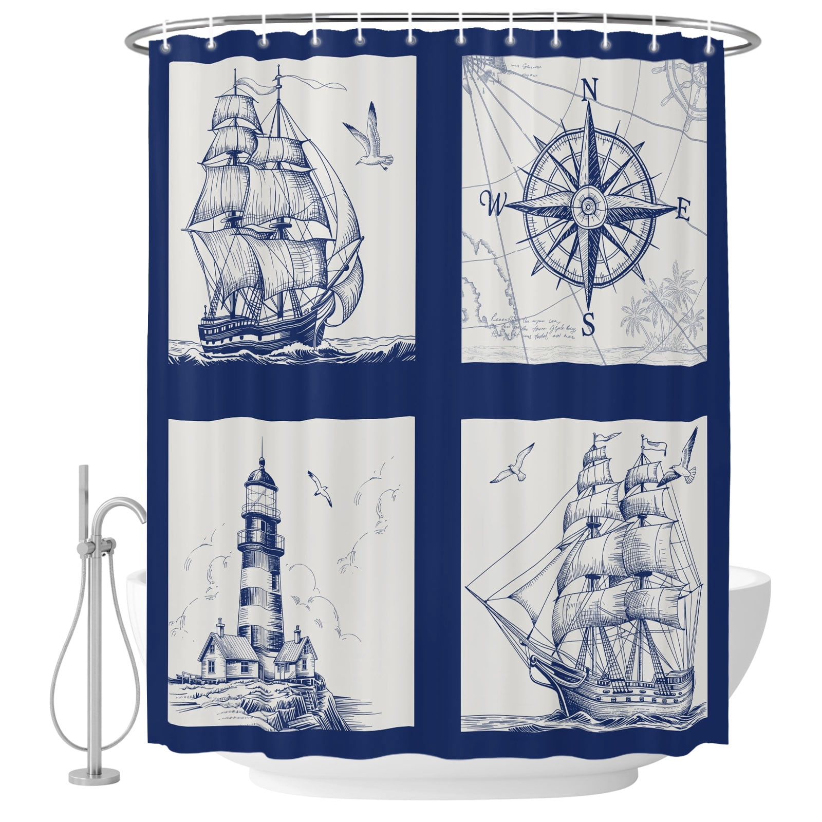 Compass Sailing Boat Fabric Shower Curtain Lighthouse Navigation Blue ...