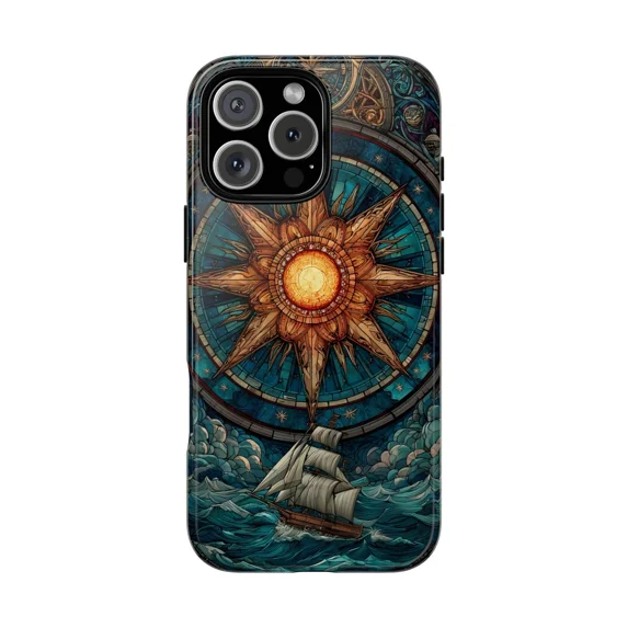 Compass Sailing Ship Nautical Glass Case for iPhone 17 through 11 Pro ...