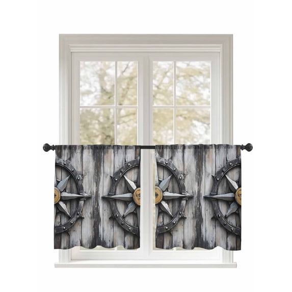 Compass Sheer Curtains 2 Panels Set Nautical Wood Grain Lihgt Filtering ...