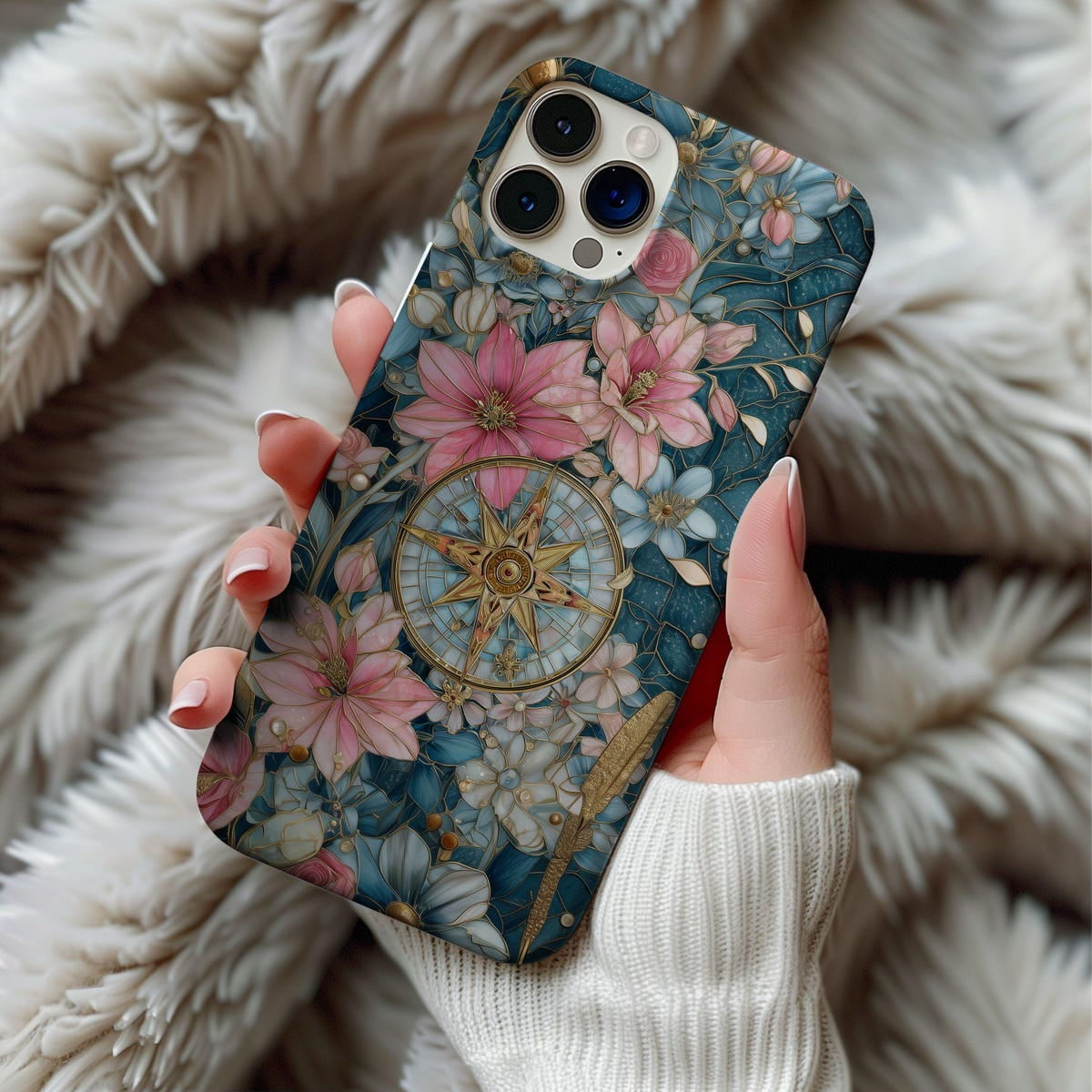 Compass Stained Glass Wildflower Mosaic Phone Case with iPhone 17 to 11 ...