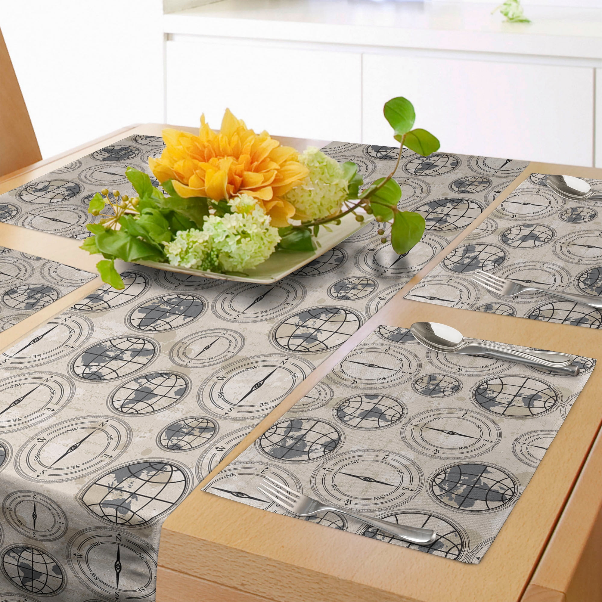 Compass Table Runner & Placemats, World Map Pattern with Aged ...