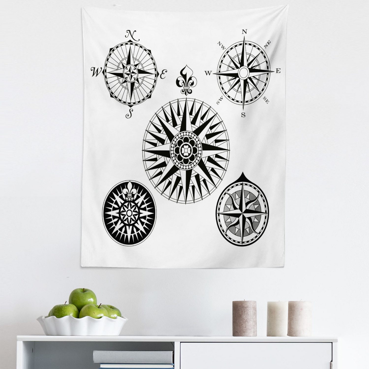 Compass Tapestry, Highly Detailed 5 Windroses Compass Angles Directions ...