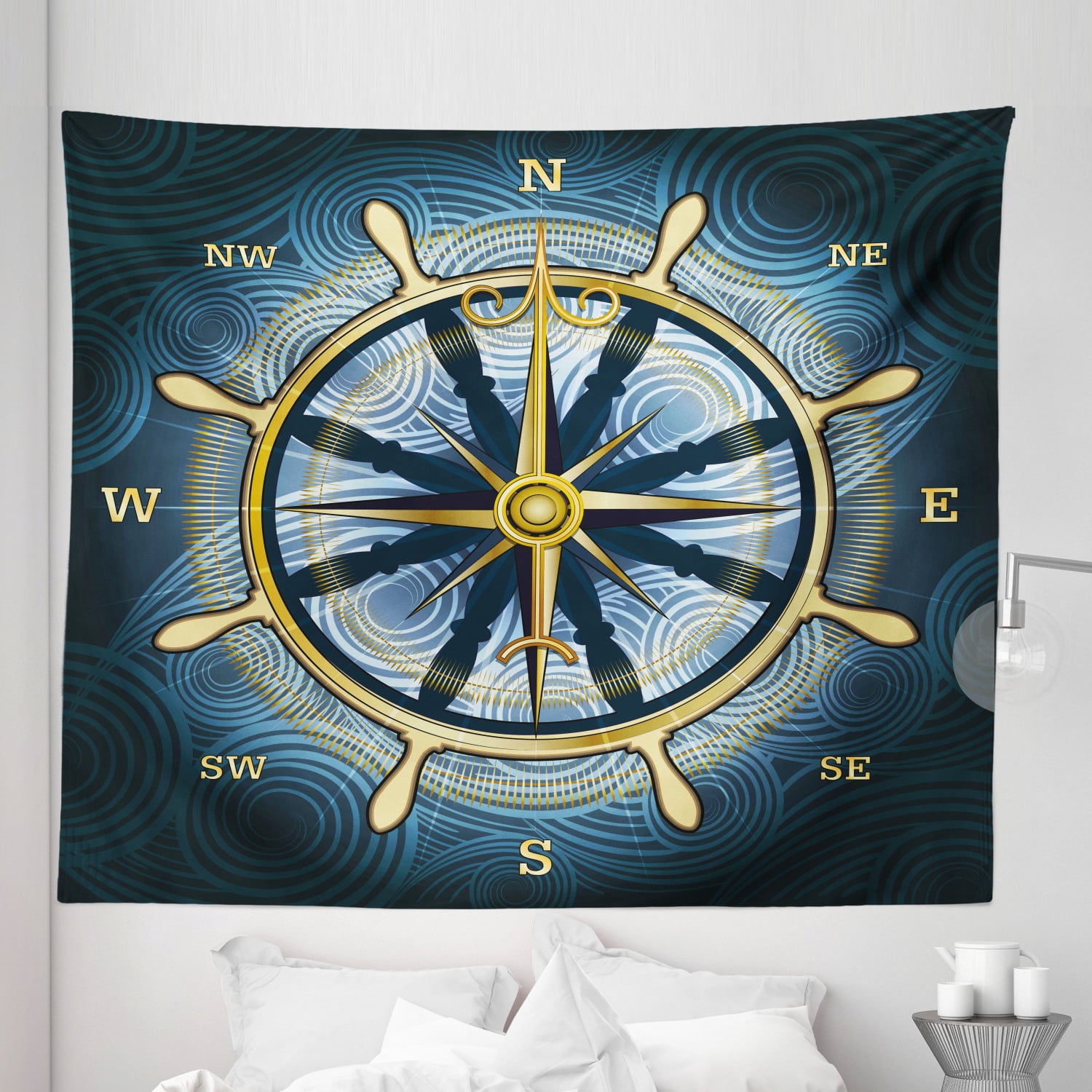 Compass Tapestry, Navigation Theme Compass with Windrose and Helm on a ...