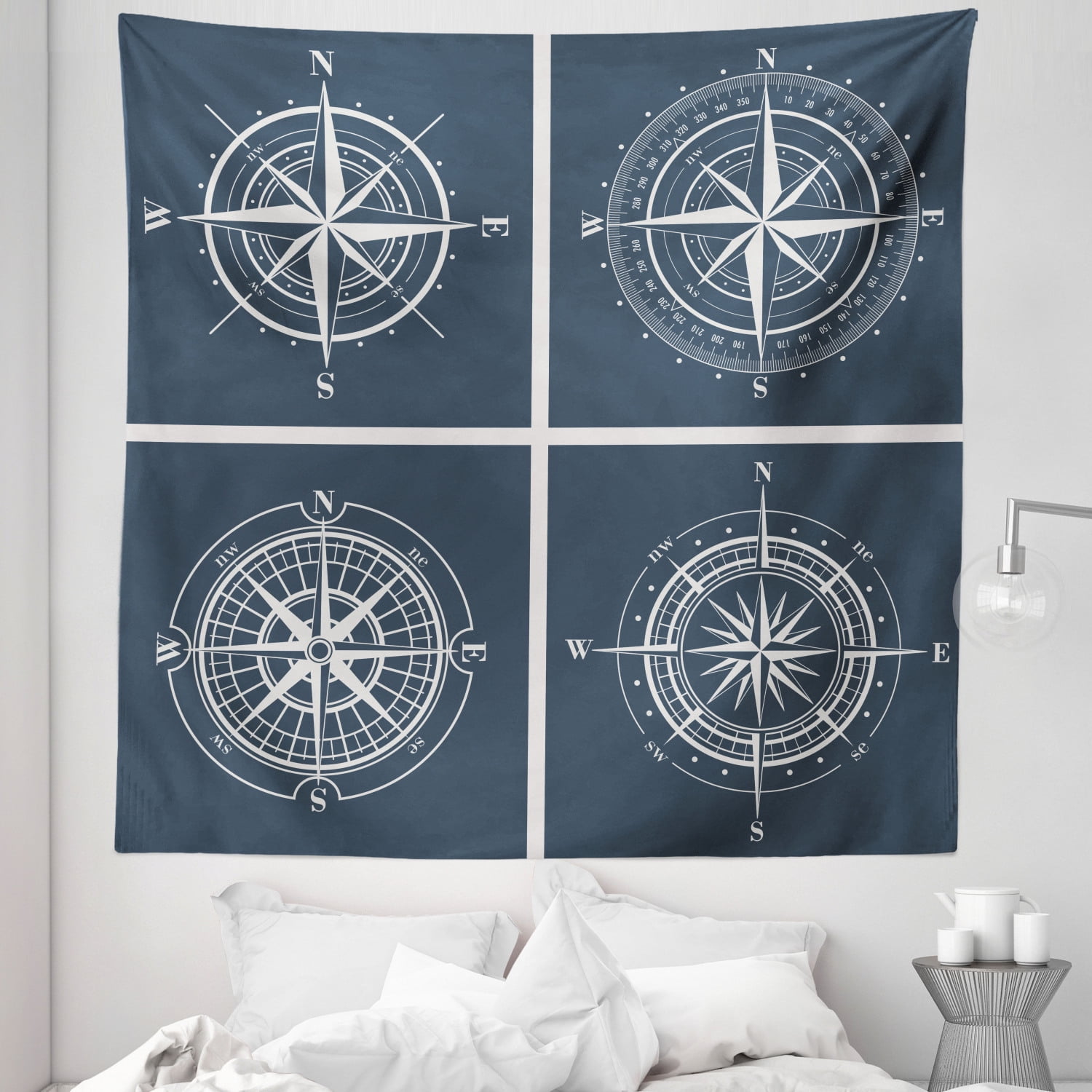Compass Tapestry, White Compasses Navy Blue Background Navigation ...