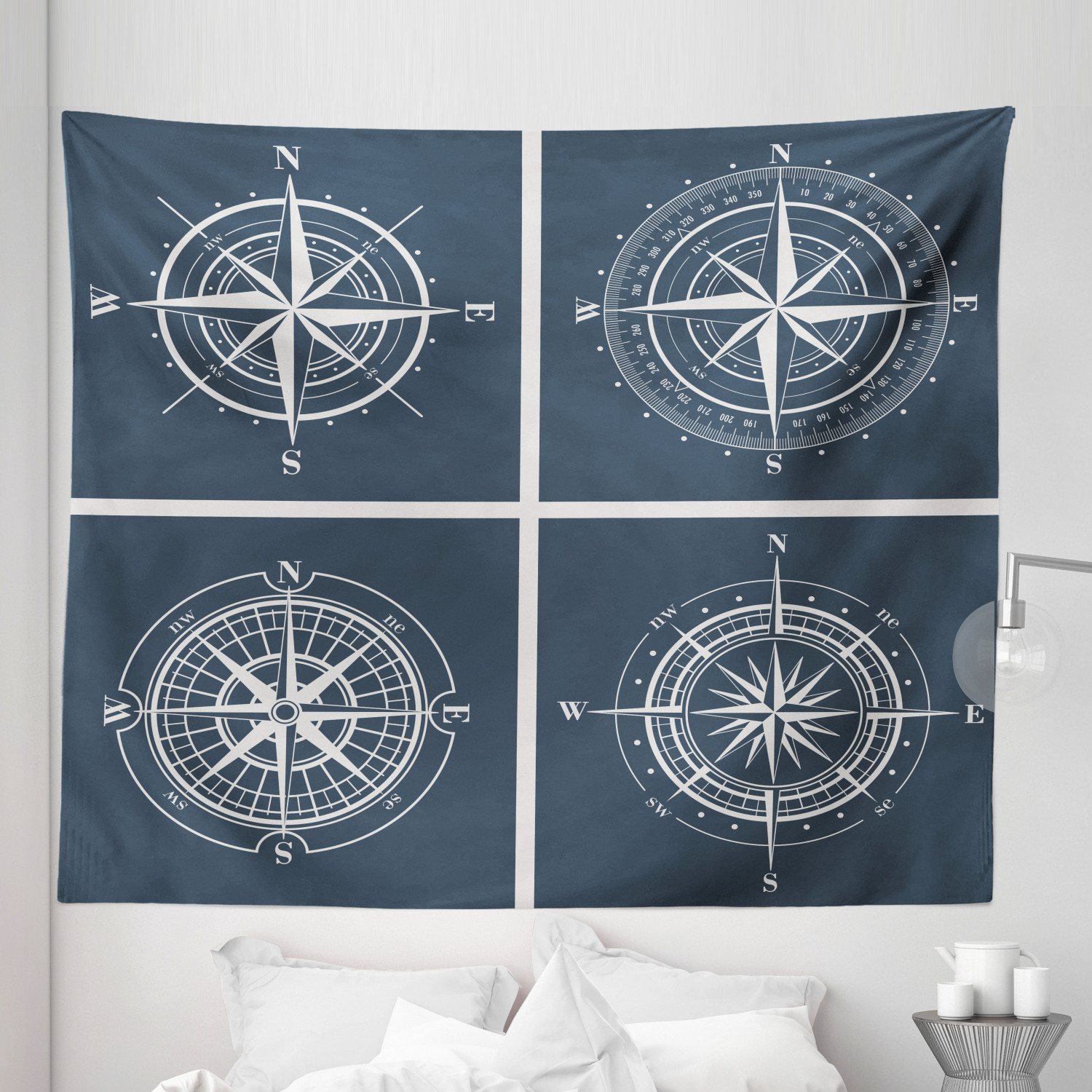 Compass Tapestry, White Compasses Navy Blue Background Navigation ...