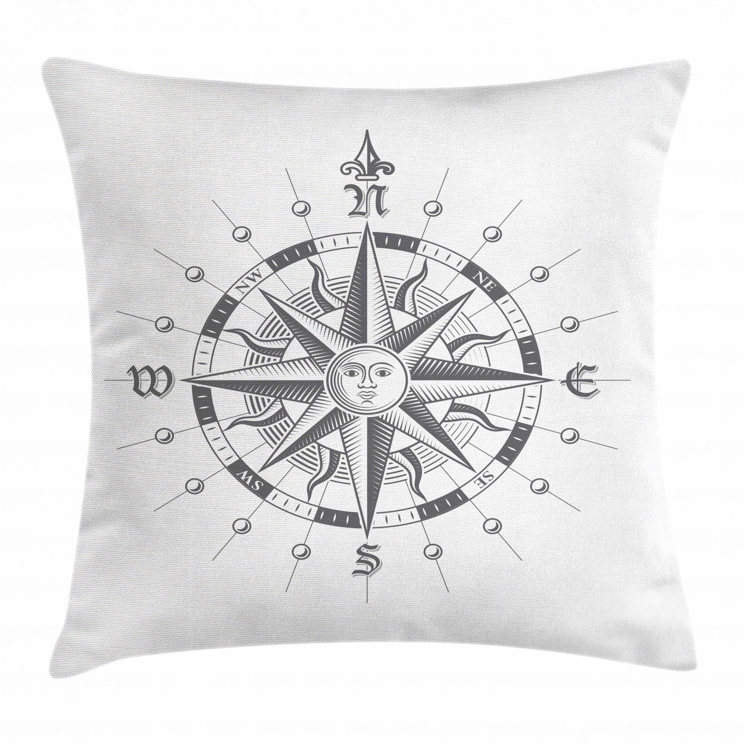 Compass Throw Pillow Cushion Cover, Hand Drawn Compass with the Face of ...
