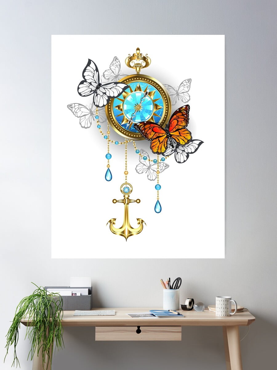 Compass With Butterflies Poster Wall Art, Modern Wall Decor For Living ...
