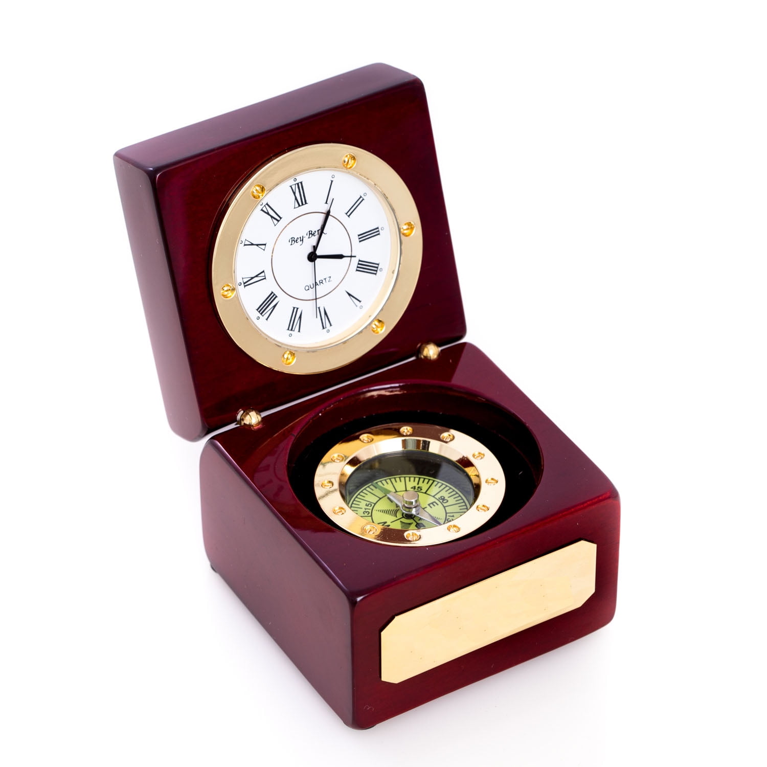 Compass and Clock in Lacquered Rosewood Hinged Box with Brass Accents ...