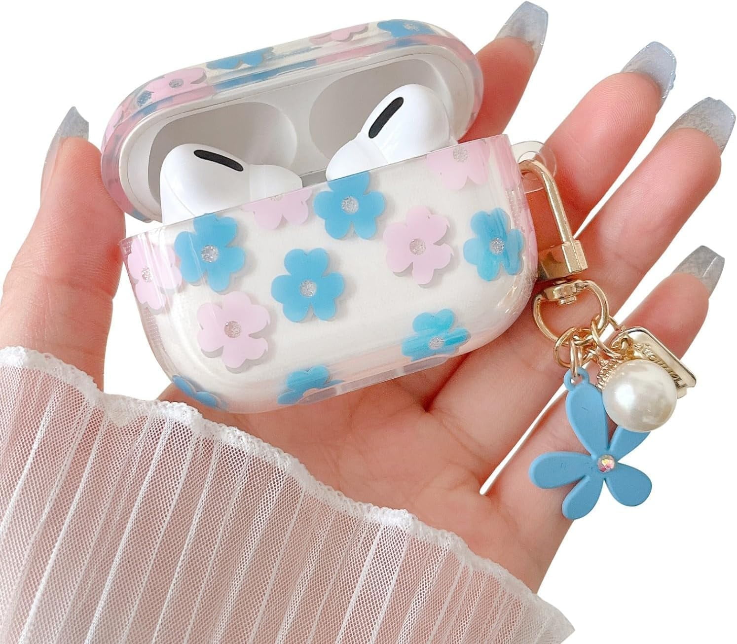 Compatible with AirPods Pro 2 Clear Case,Cute Cartoon Flower Pattern Design with Floral Keychain ...