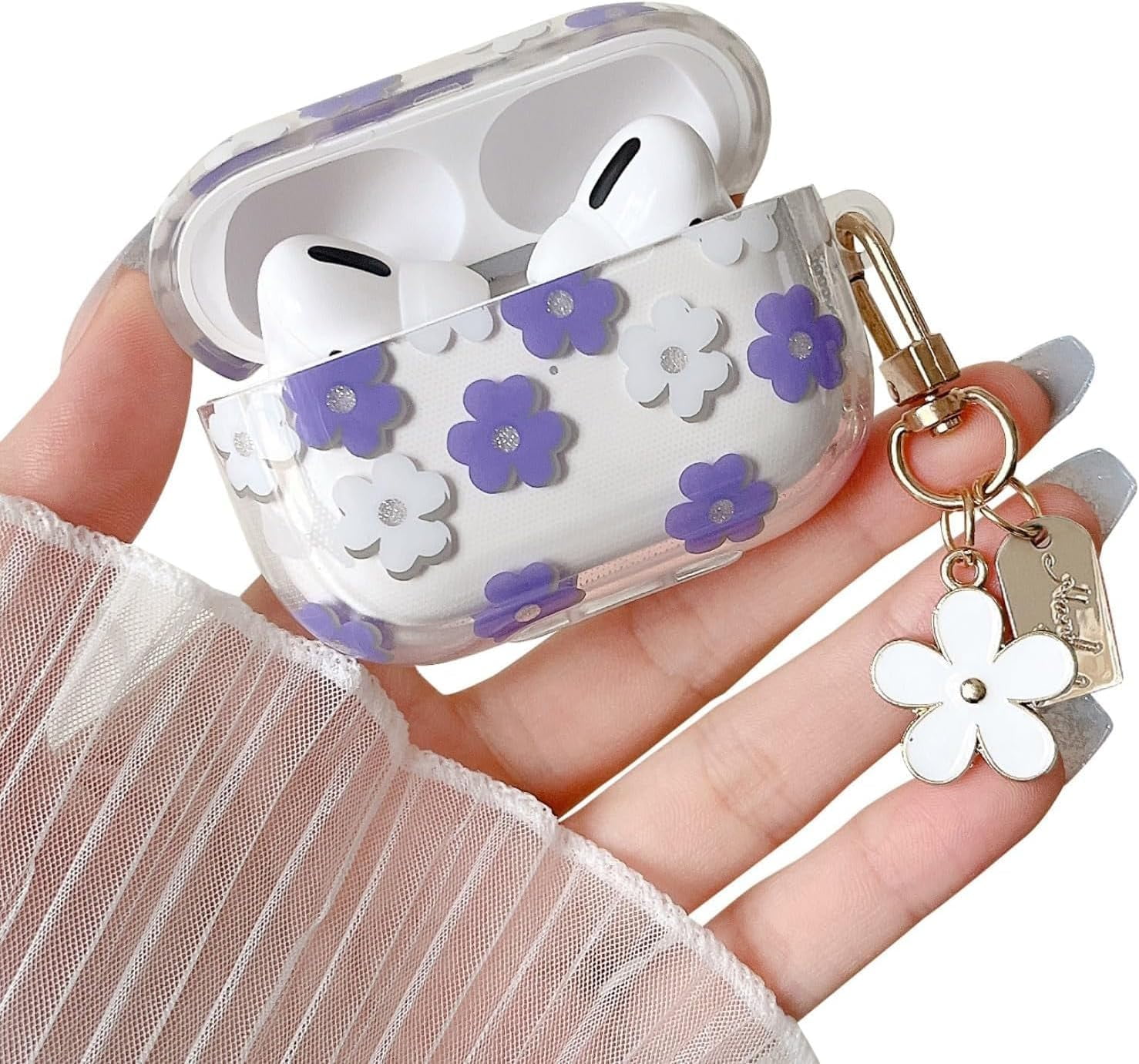 Compatible with AirPods Pro 2 Clear Case,Cute Cartoon Flower Pattern Design with Floral Keychain ...