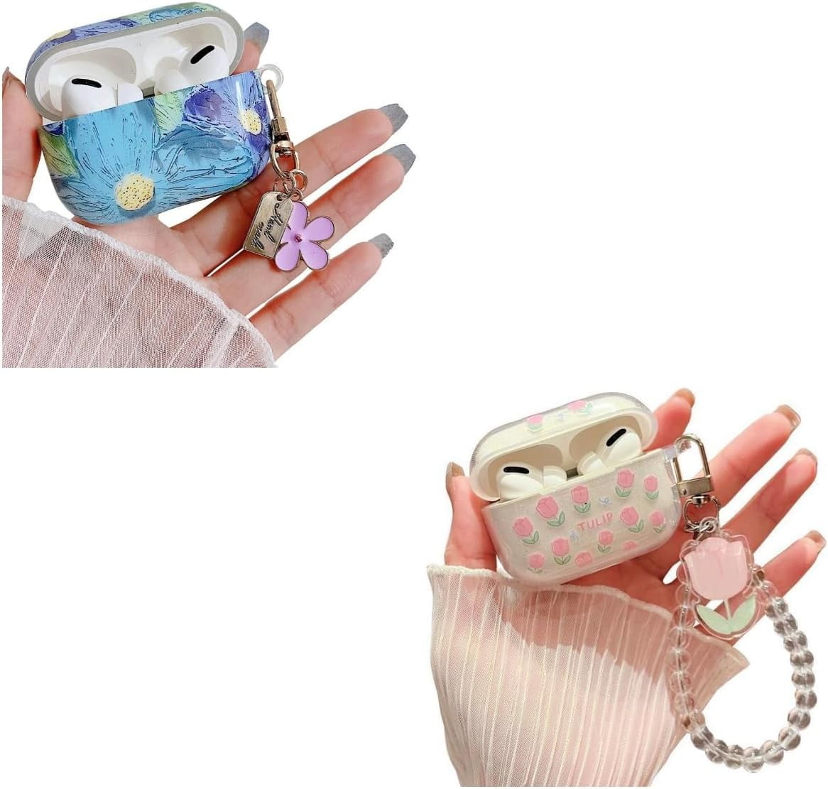 Compatible with Airpods Pro Case with Floral Keychain,Cute Blue Retro ...