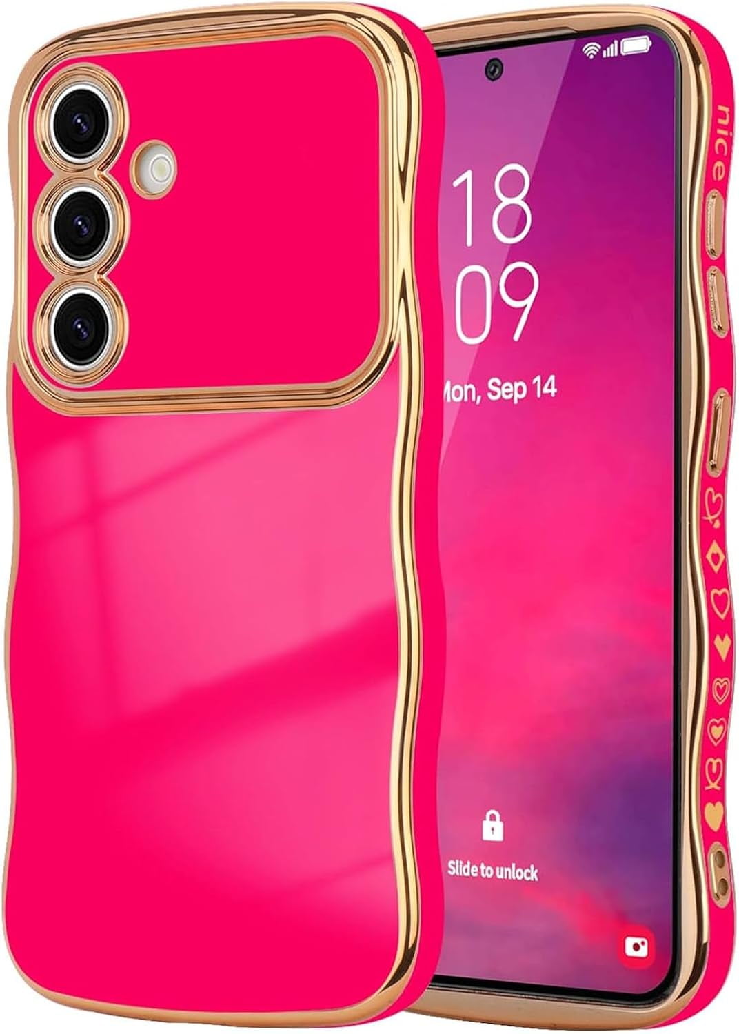 Compatible with Galaxy A14 5G Case for Women Girls, Cute Wave Frame Curly Shape with Love Heart ...