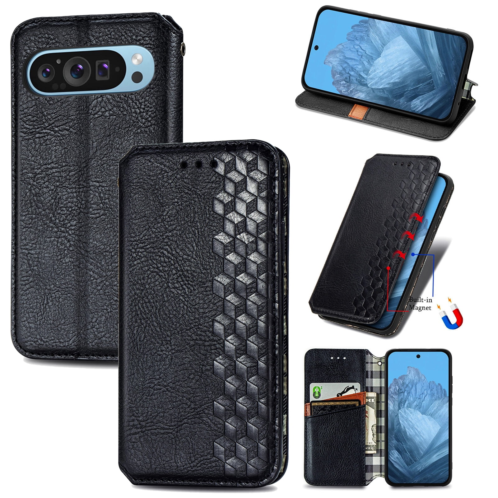 Compatible for Google Pixel 9 Pro XL Wallet Case, Embossed Pattern PU ...