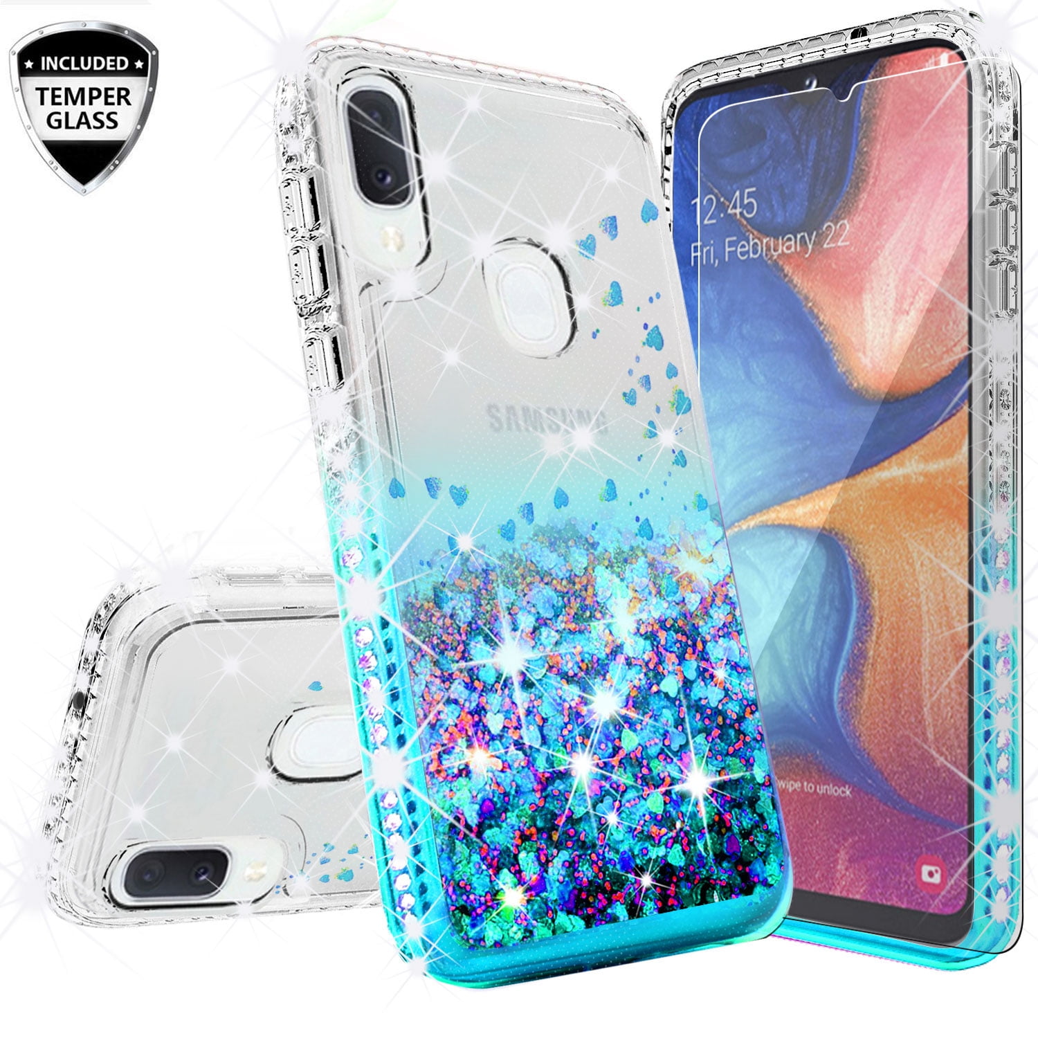 SOGA Diamond Liquid Quicksand Case with Tempered Glass Protector for Samsung Galaxy A20/A30/A50 ...