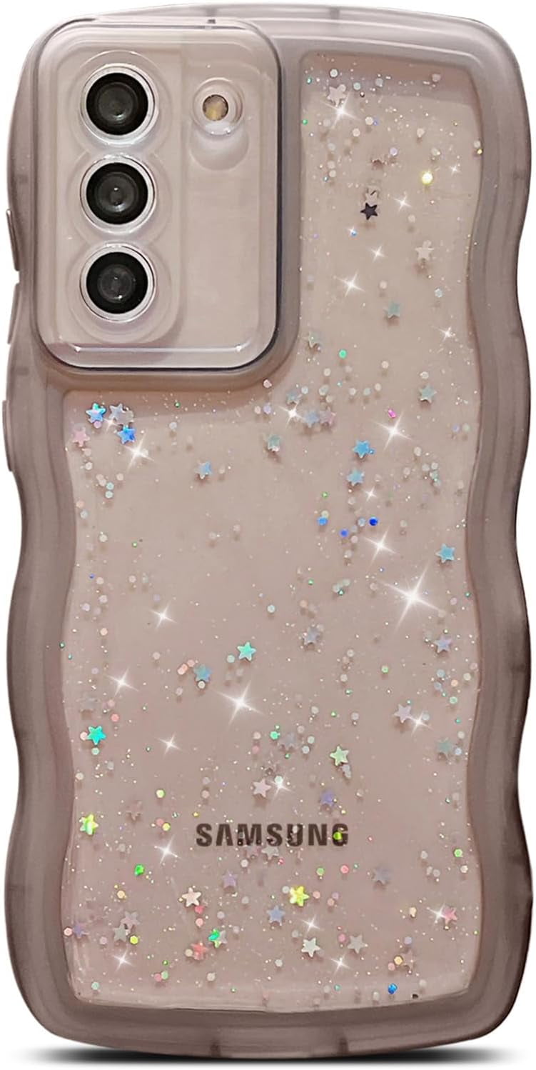 Compatible with Samsung Galaxy S21 Case, Glitter Clear Bling Star Transparent Matte Cute Curly ...