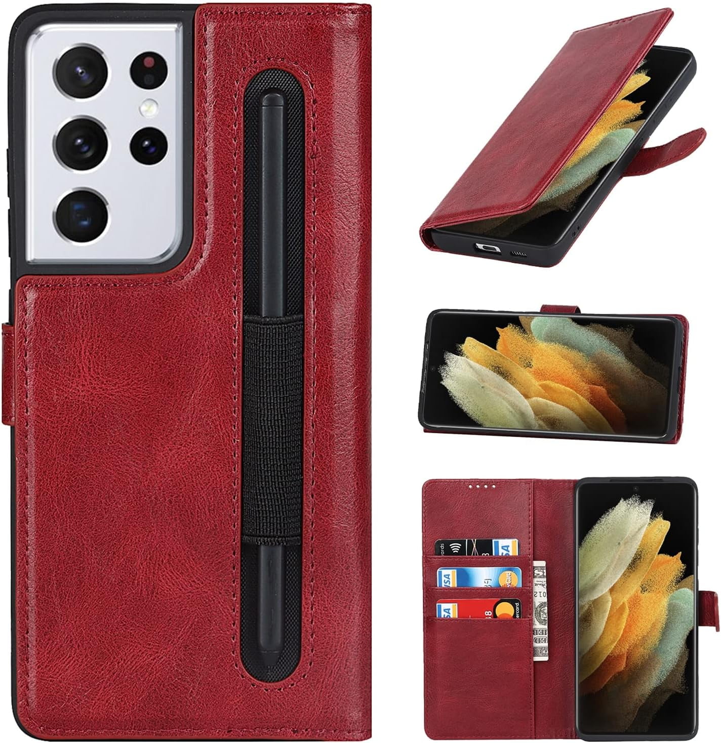 Compatible with Samsung Galaxy S21 Ultra Wallet Case with S Pen Holder,[Stand Feature] Magnetic ...