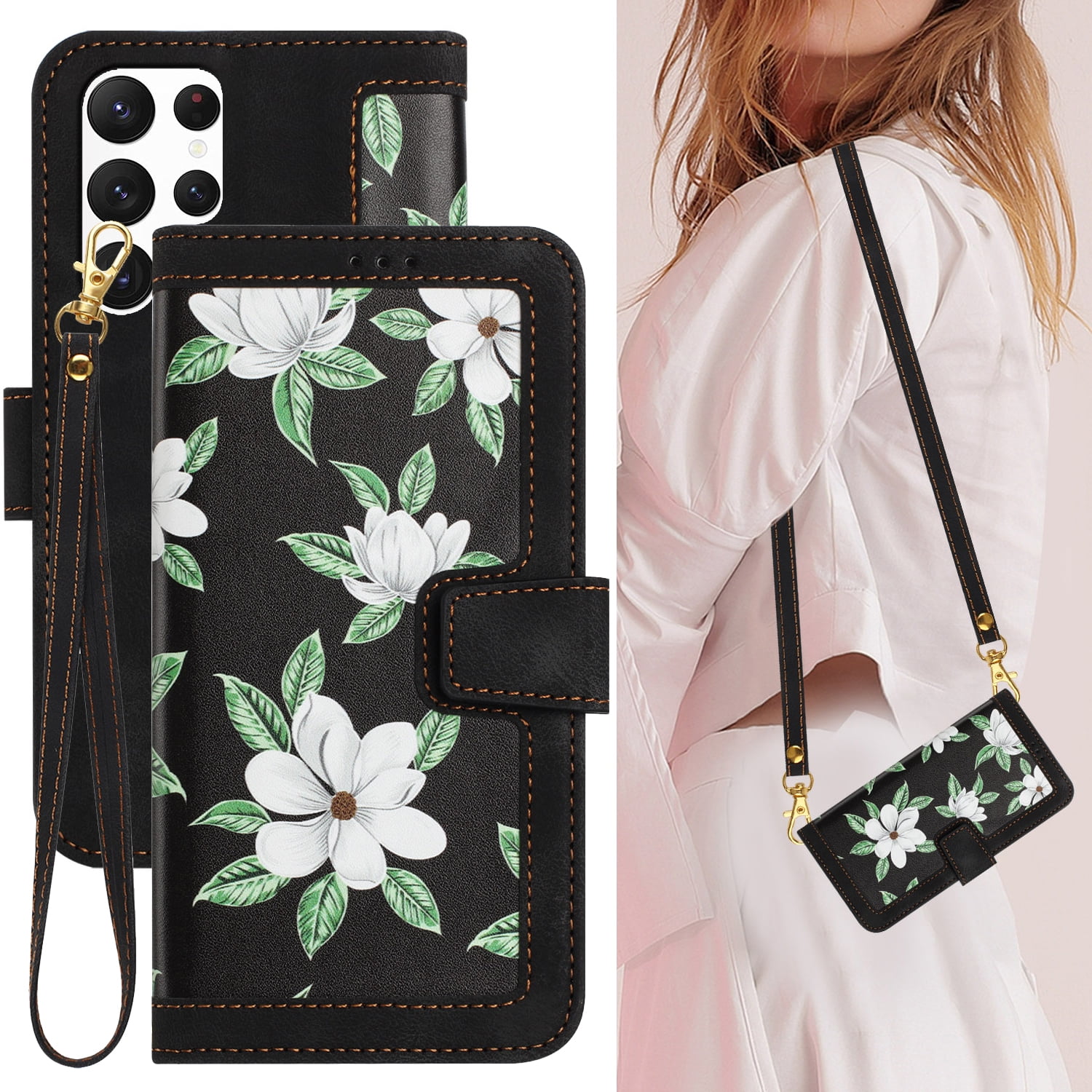 Compatible with Samsung Galaxy S25 Ultra Wallet Case for Women, Shoulder Strap + Wristband ...