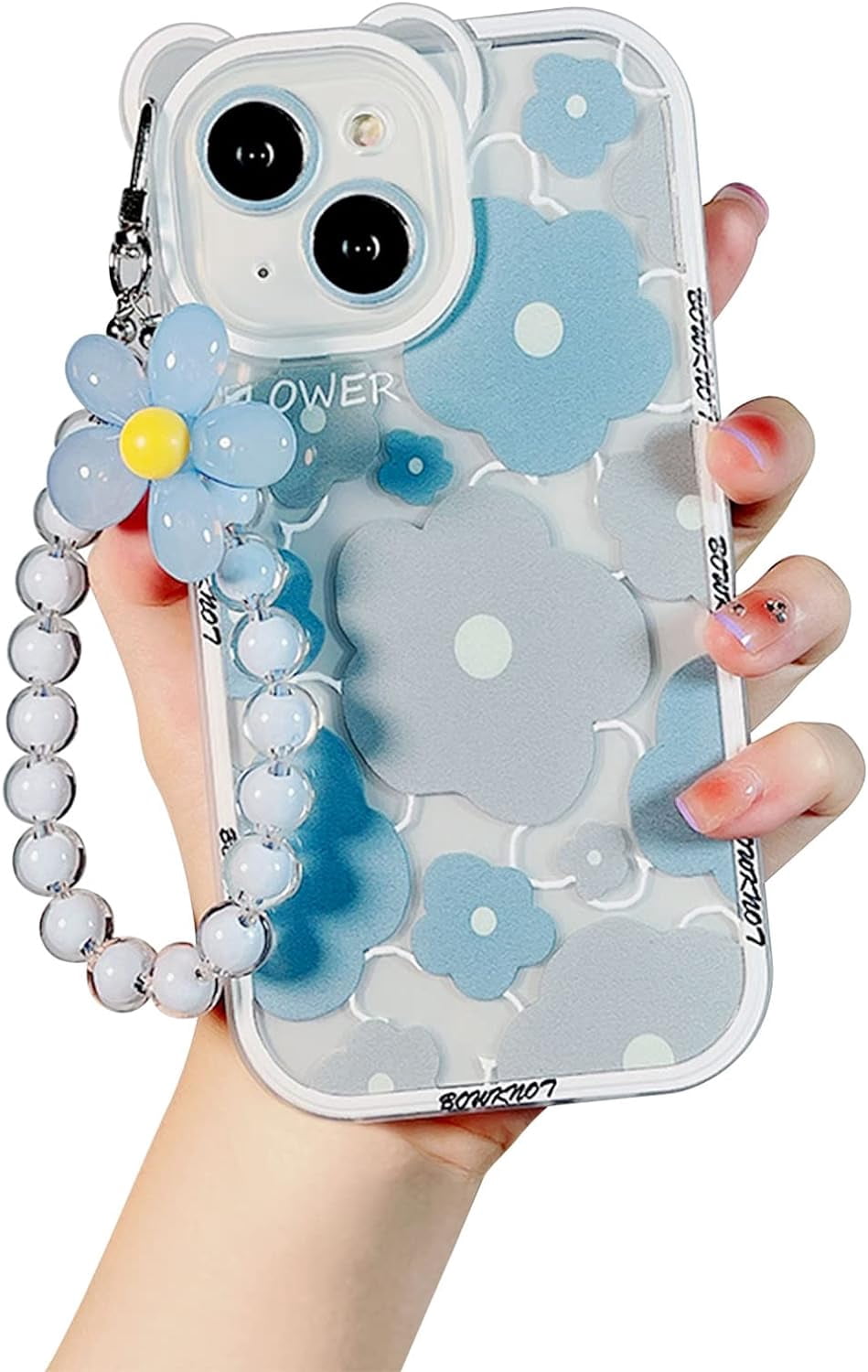 Compatible for iPhone 13 Case Transparent Blue Floral Pattern Cute Bear ...