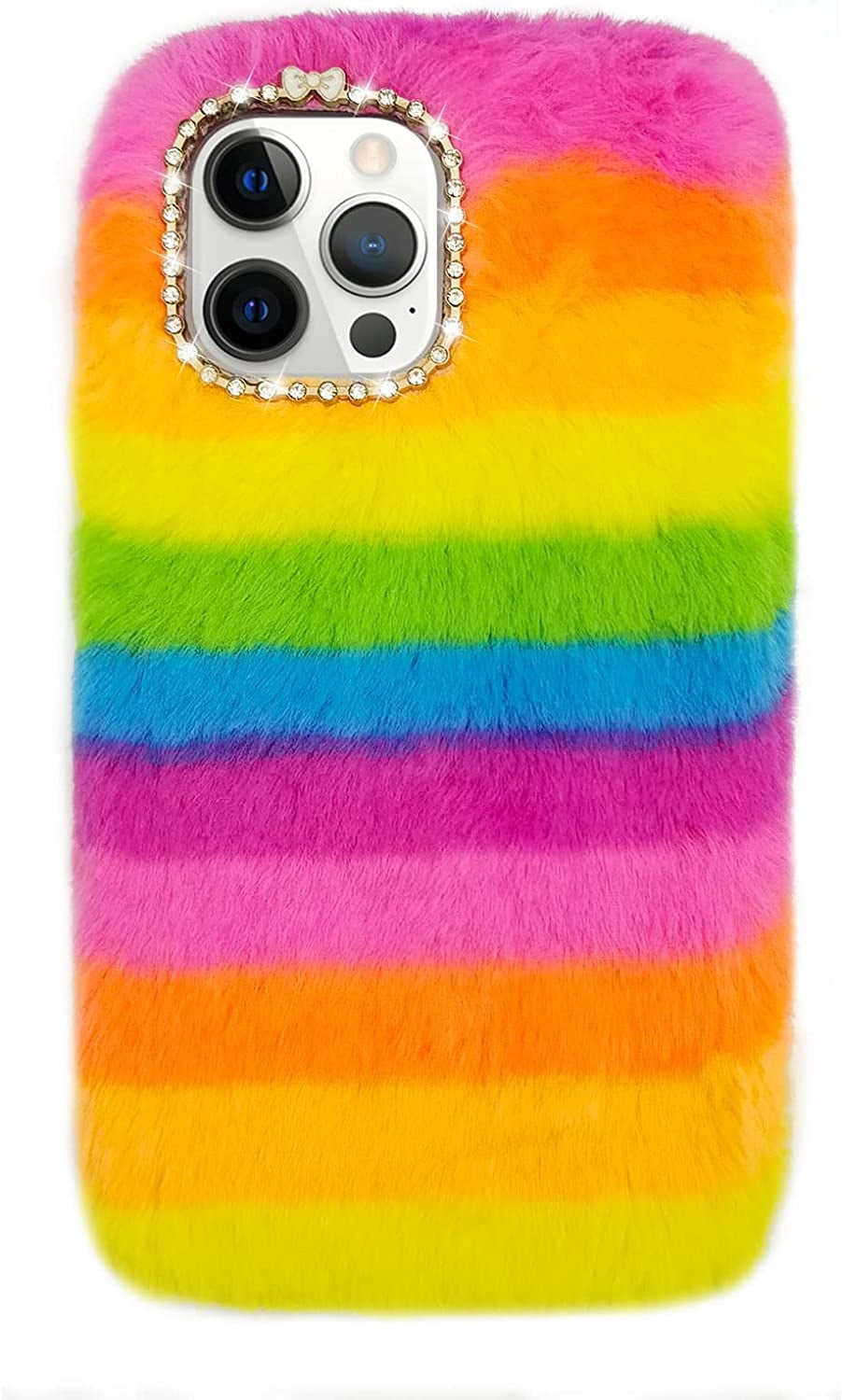 Compatible with iPhone 13 Pro Max Plush Rainbow Case Luxury Fur Furry ...