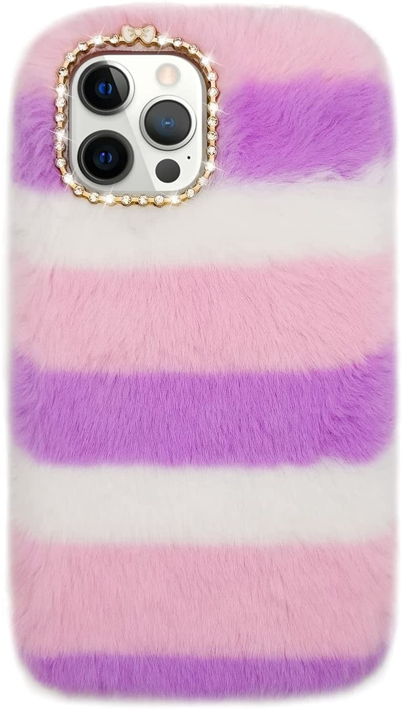 Compatible with iPhone 13 Pro Max Plush Rainbow Case Luxury Fur Furry ...
