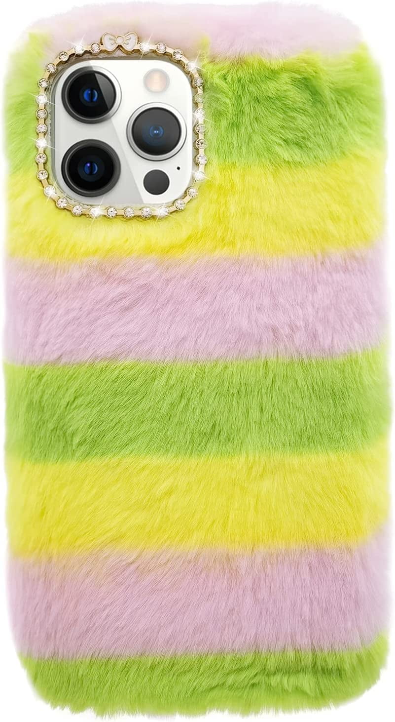 Compatible with iPhone 13 Pro Max Plush Rainbow Case Luxury Fur Furry ...