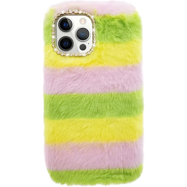 Compatible with iPhone 13 Pro Max Plush Rainbow Case Luxury Fur Furry ...